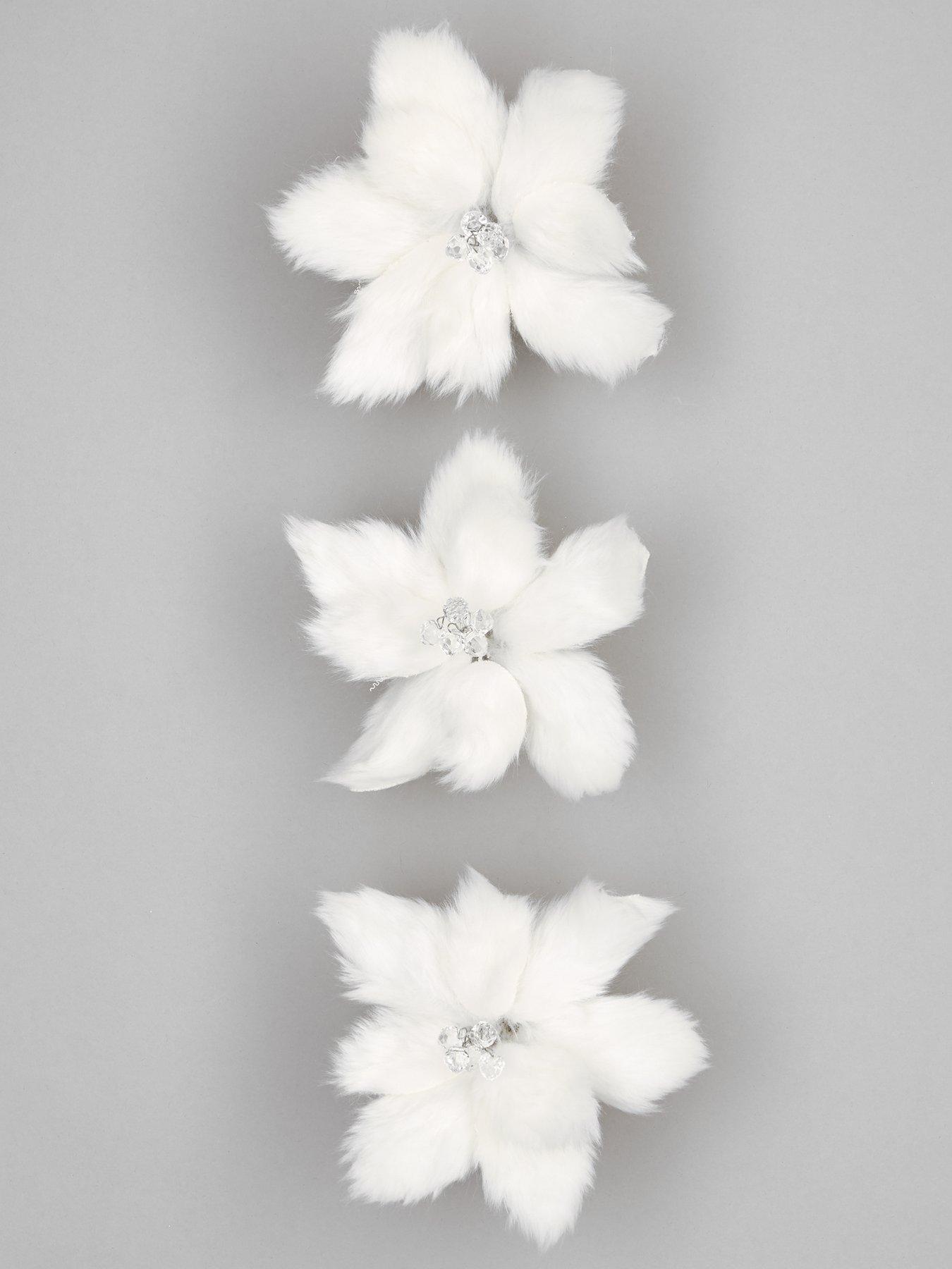 Very Home Set of 3 Faux Fur Poinsettia Christmas Tree Clips - White ...