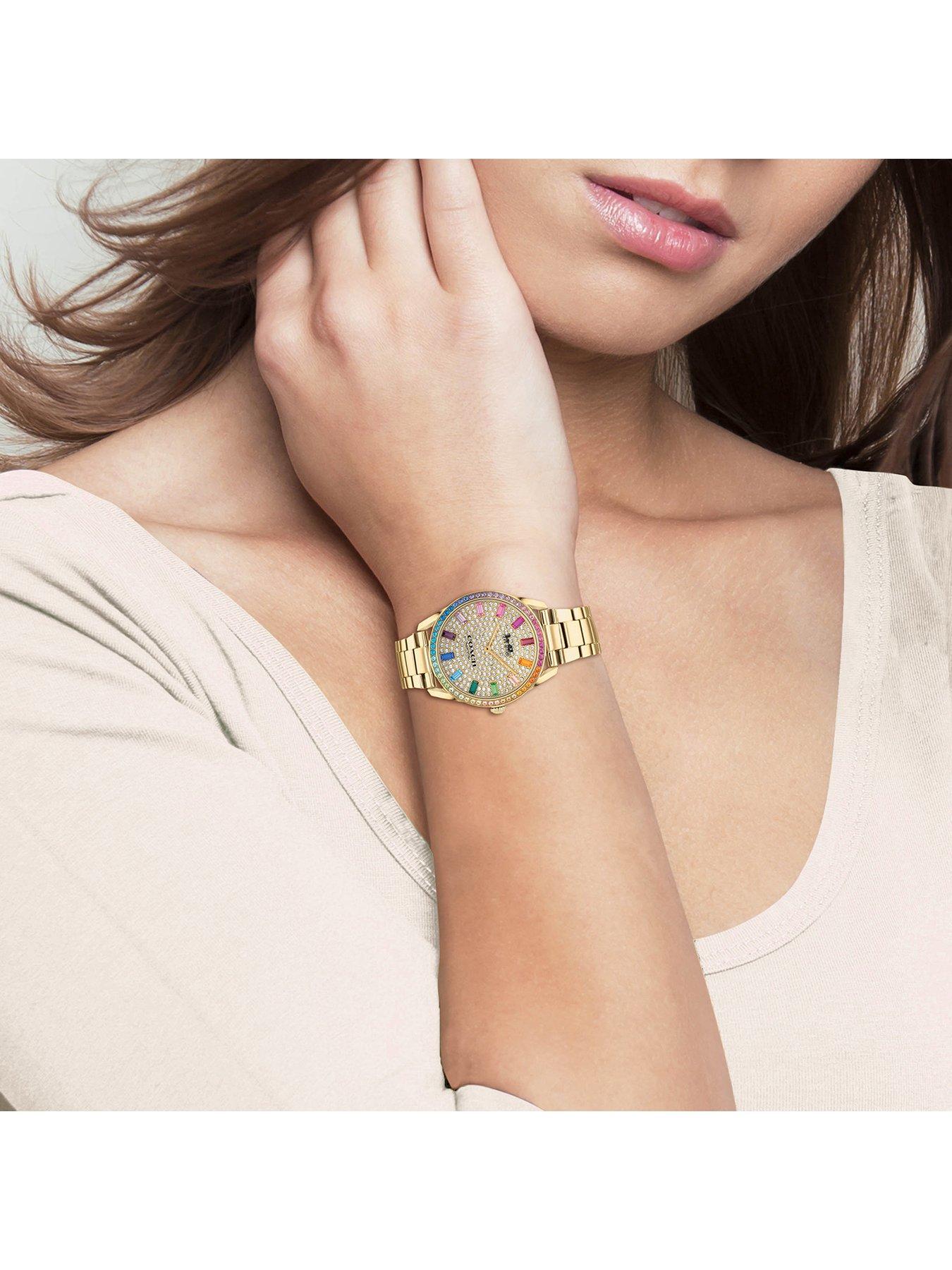 COACH Preston stainless steel with rainbow crystal bezel and pave dial ...