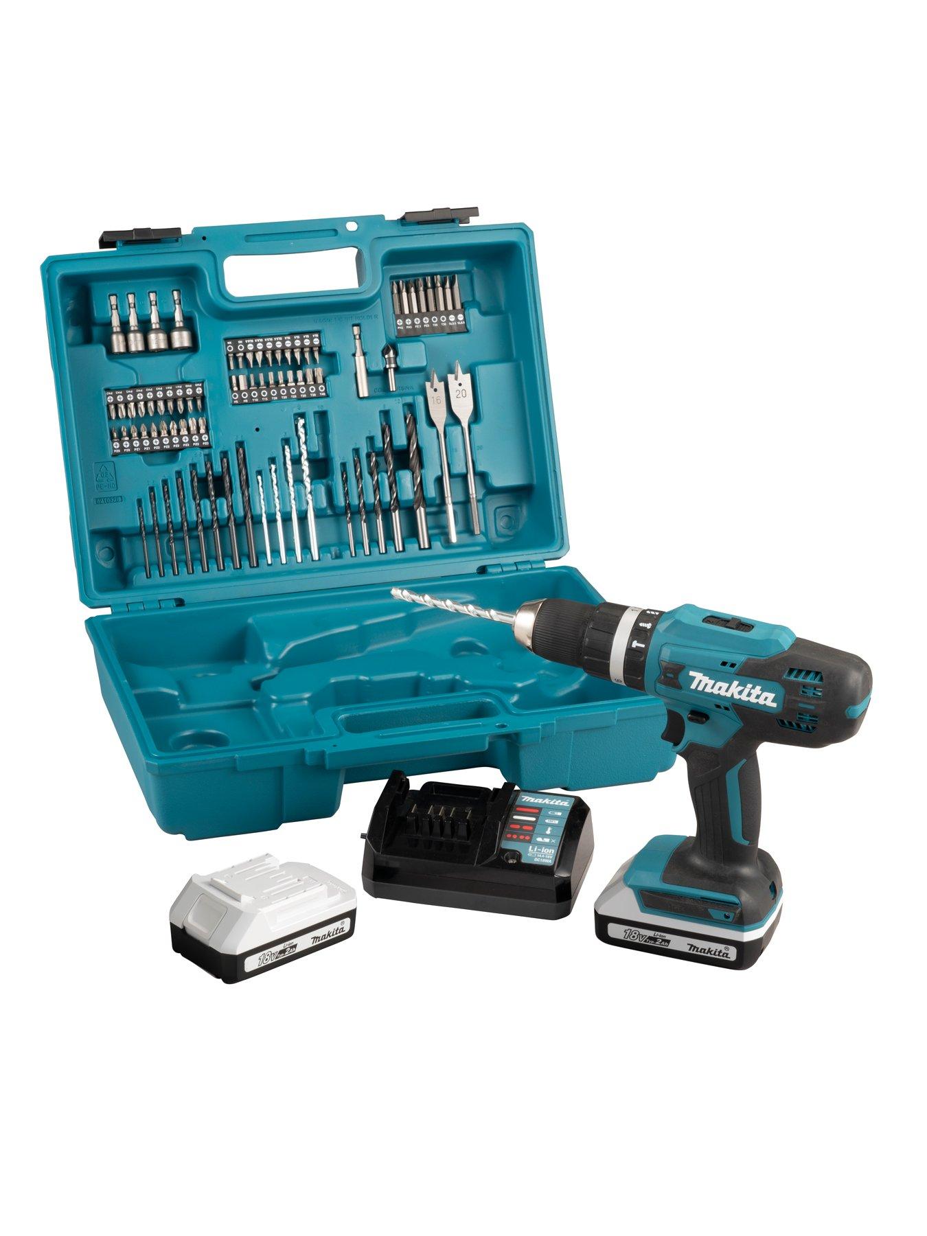 Makita 18V Cordless Combi Drill with 74-Piece Accessory Set & 2x 2.0Ah ...
