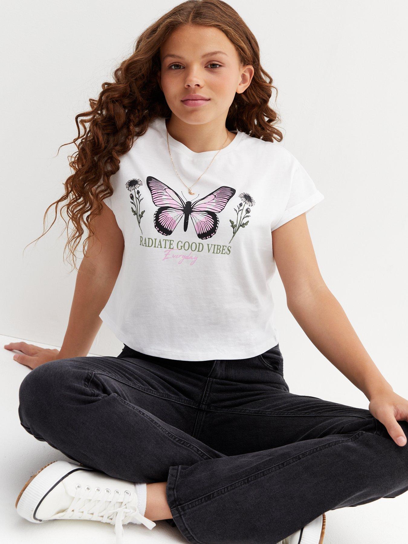 New Look 915 Girls White Butterfly Logo T-Shirt | littlewoods.com