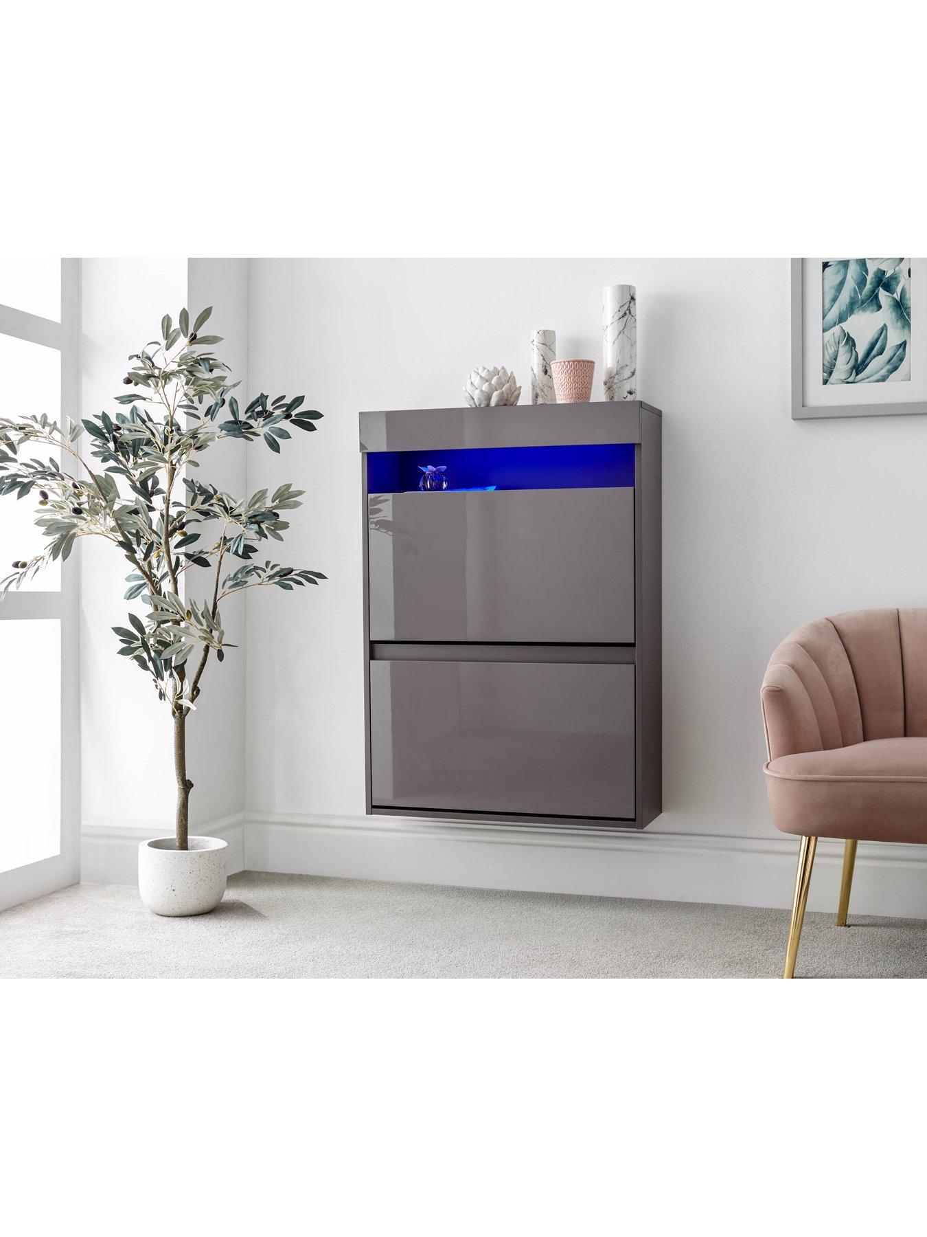 GFW Galicia Wall Hanging Two Tier Shoe Cabinet with LED Light - Grey ...