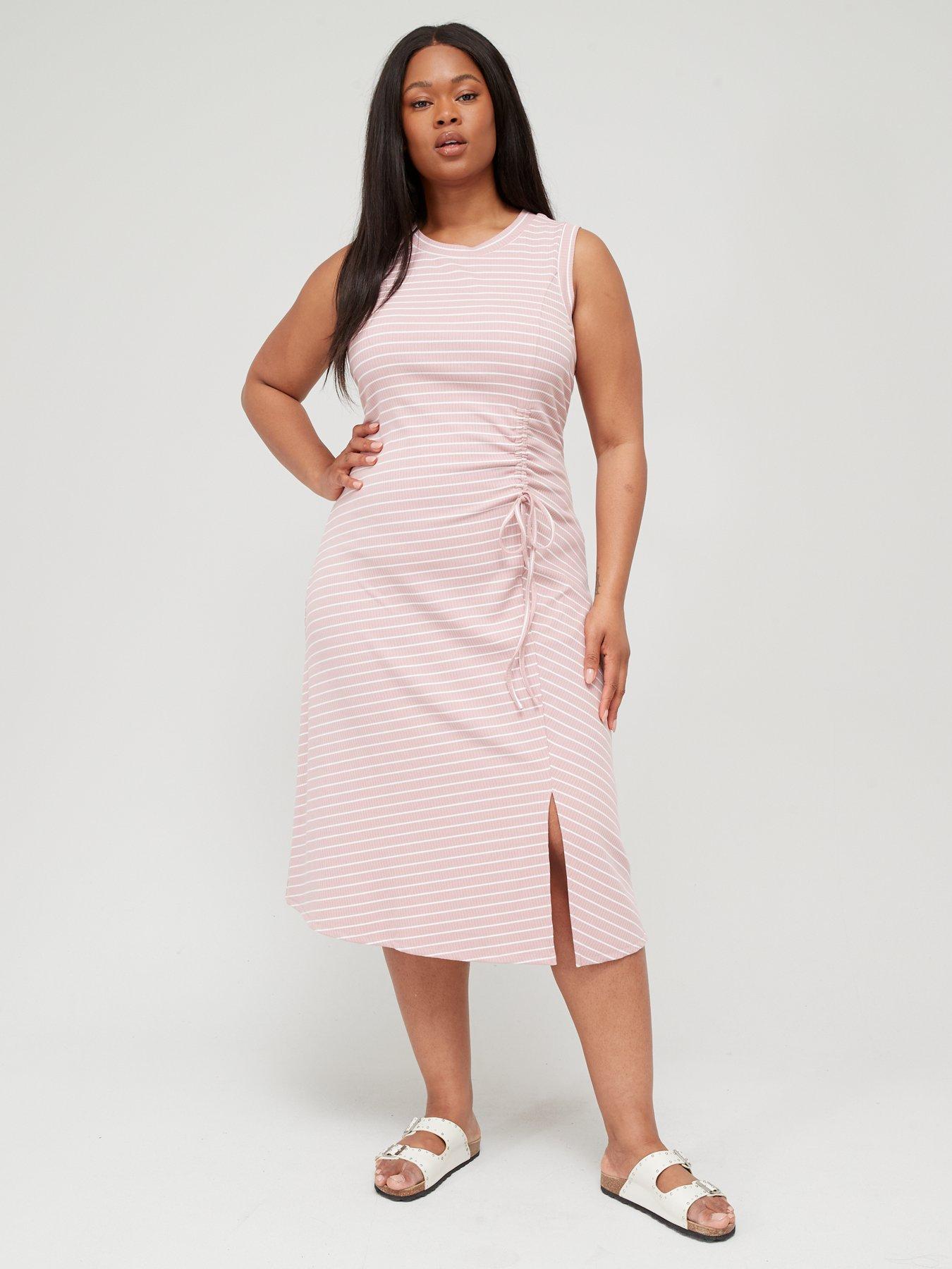 V by Very Curve Ruched Waist Sleeveless Stripe Midi Jersey Dress - Pink ...
