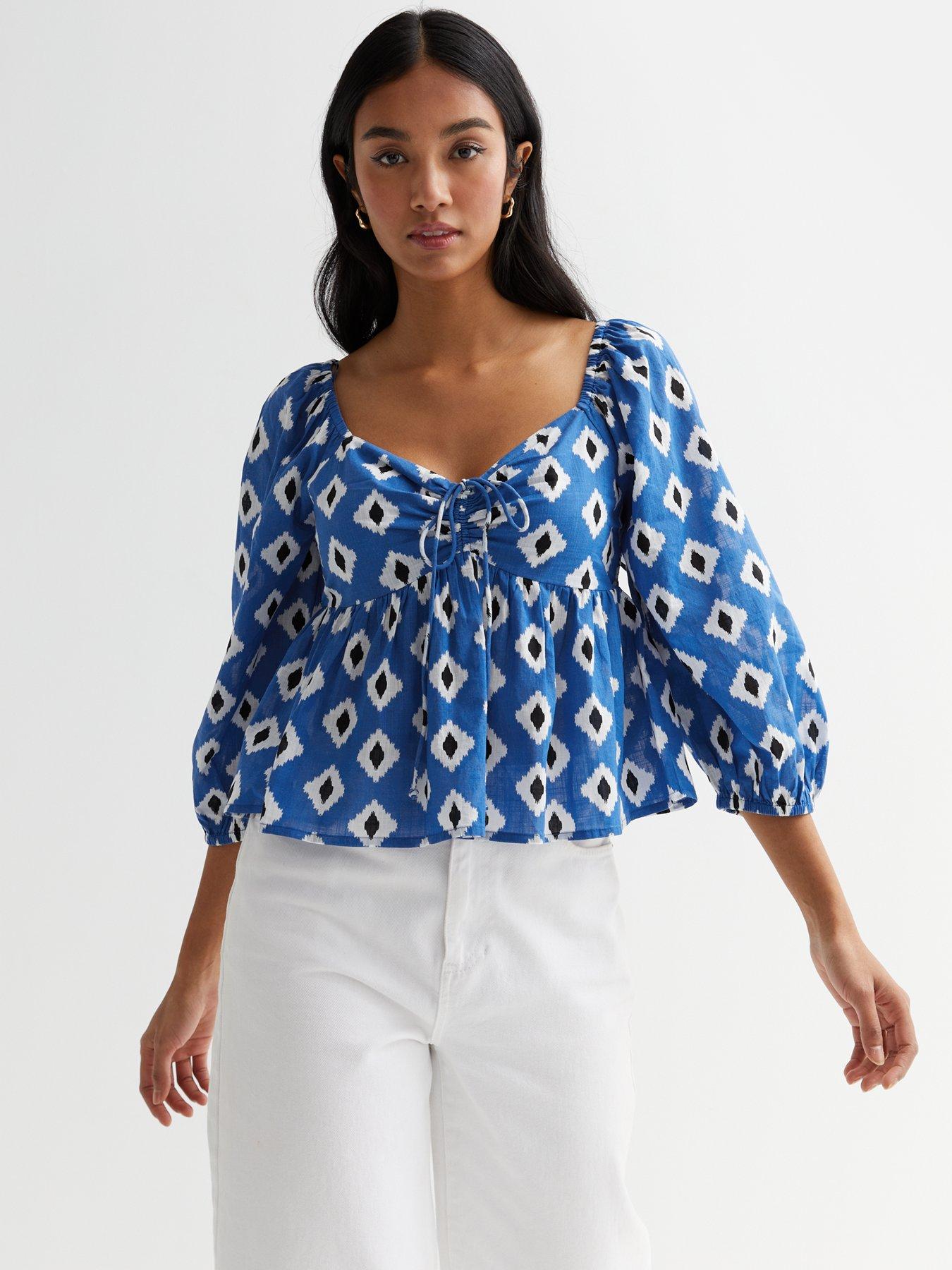 New Look Printed Peplum Blouse - Blue | littlewoods.com