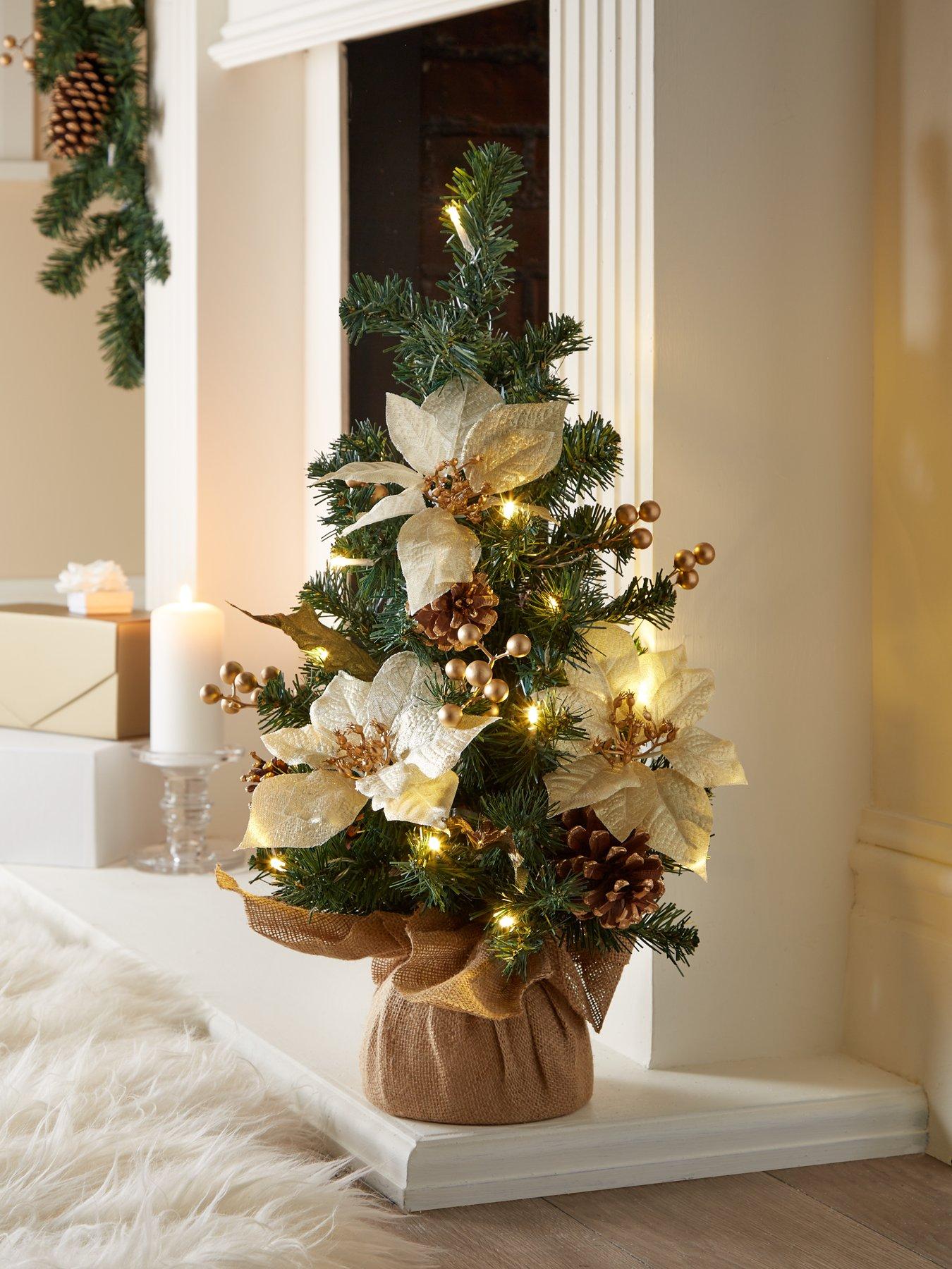 Everyday 24 Inch Poinsettia Lit Table Top Christmas Tree - Gold ...