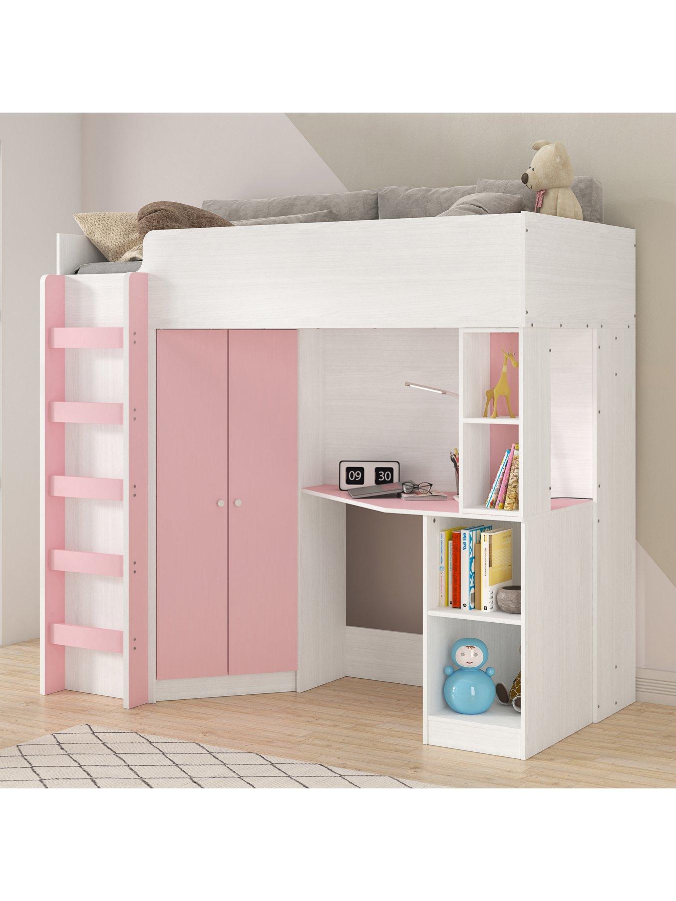 Miami Fresh High Sleeper Bed with Desk Wardrobe Shelves and Mattress Options Buy and SAVE Pink