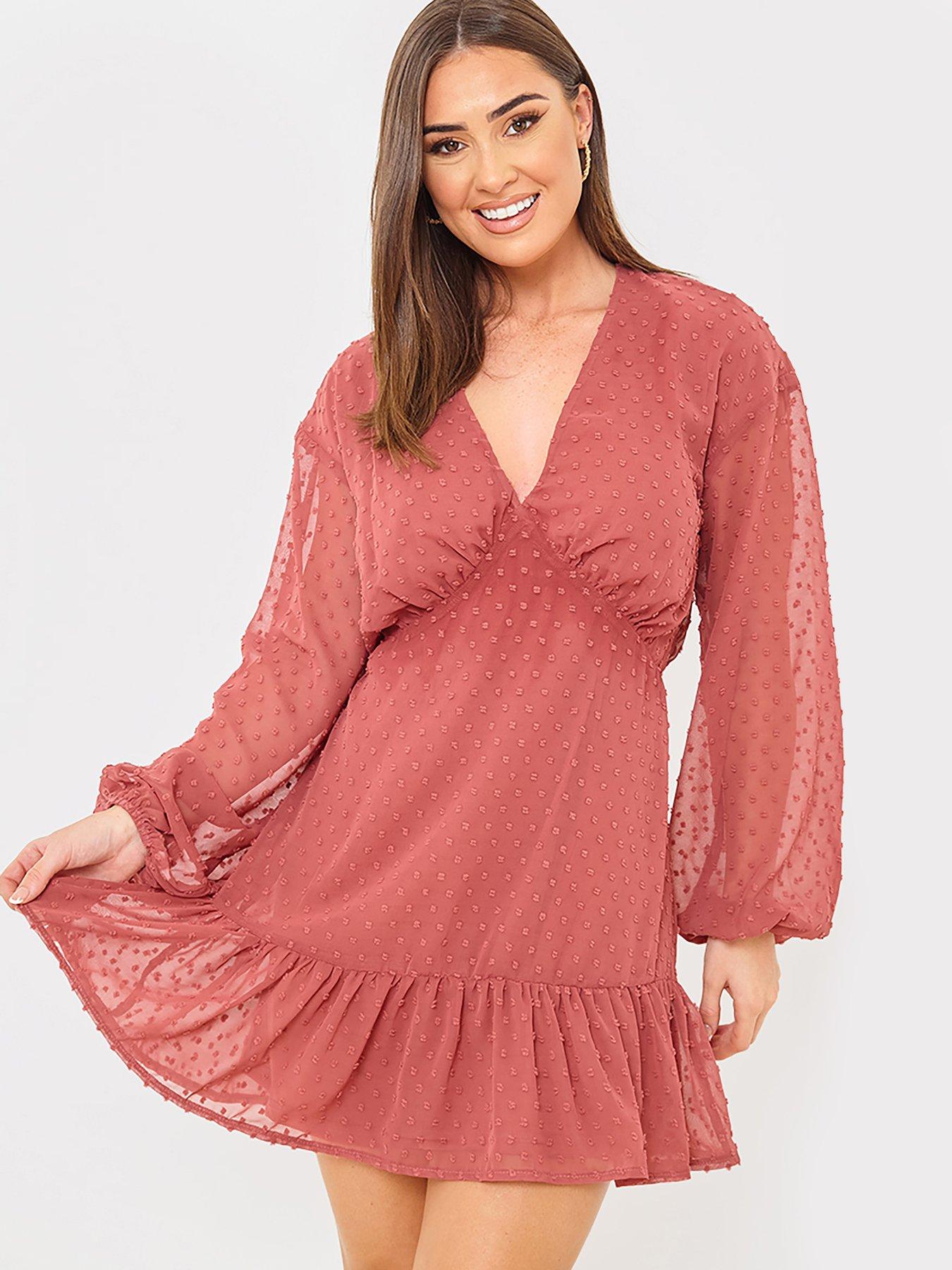 In The Style Dobby Bust Detail Balloon Sleeve Frill Hem Mini Dress ...