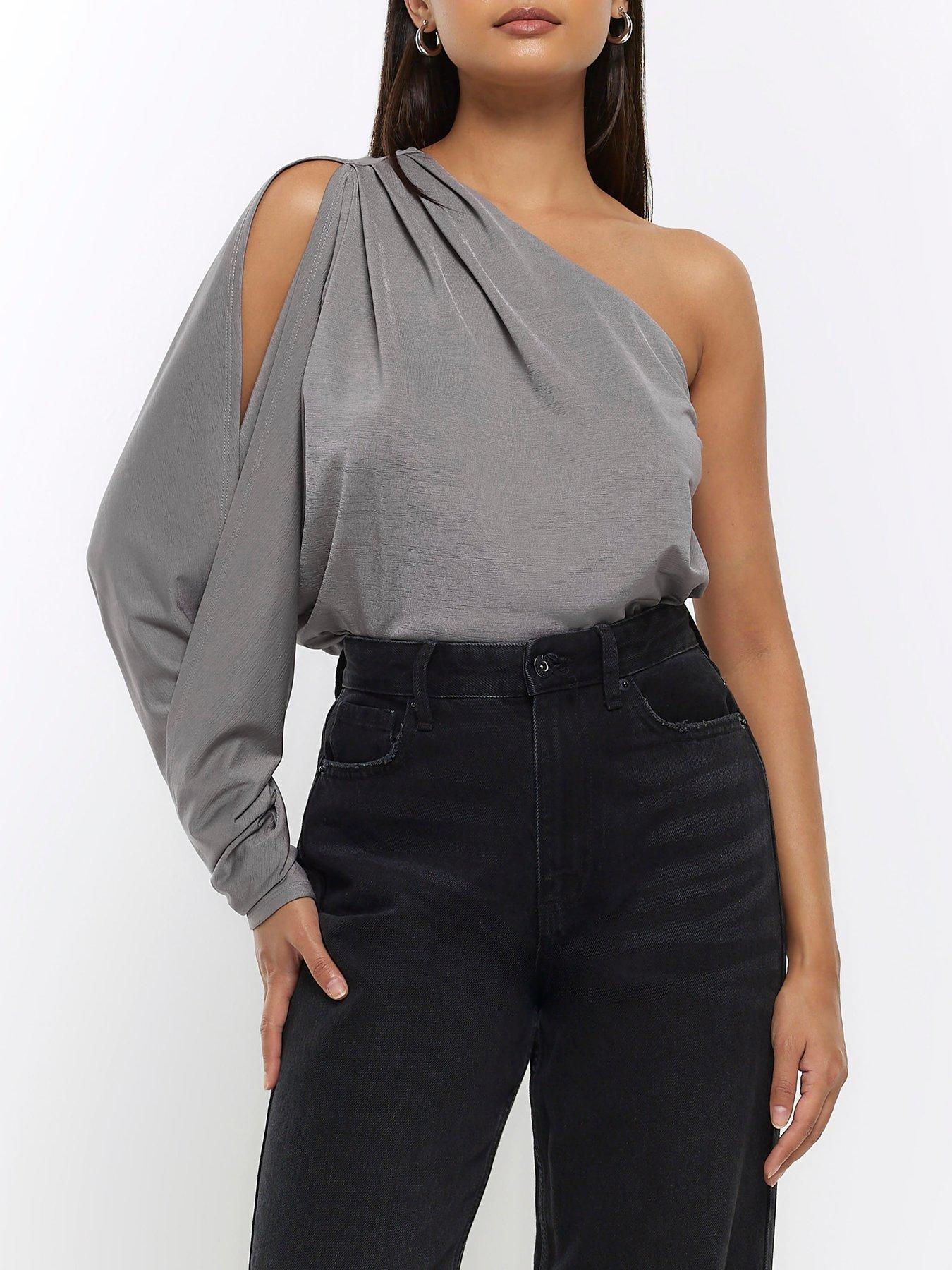 River Island One Shoulder Drape Top - Grey | littlewoods.com