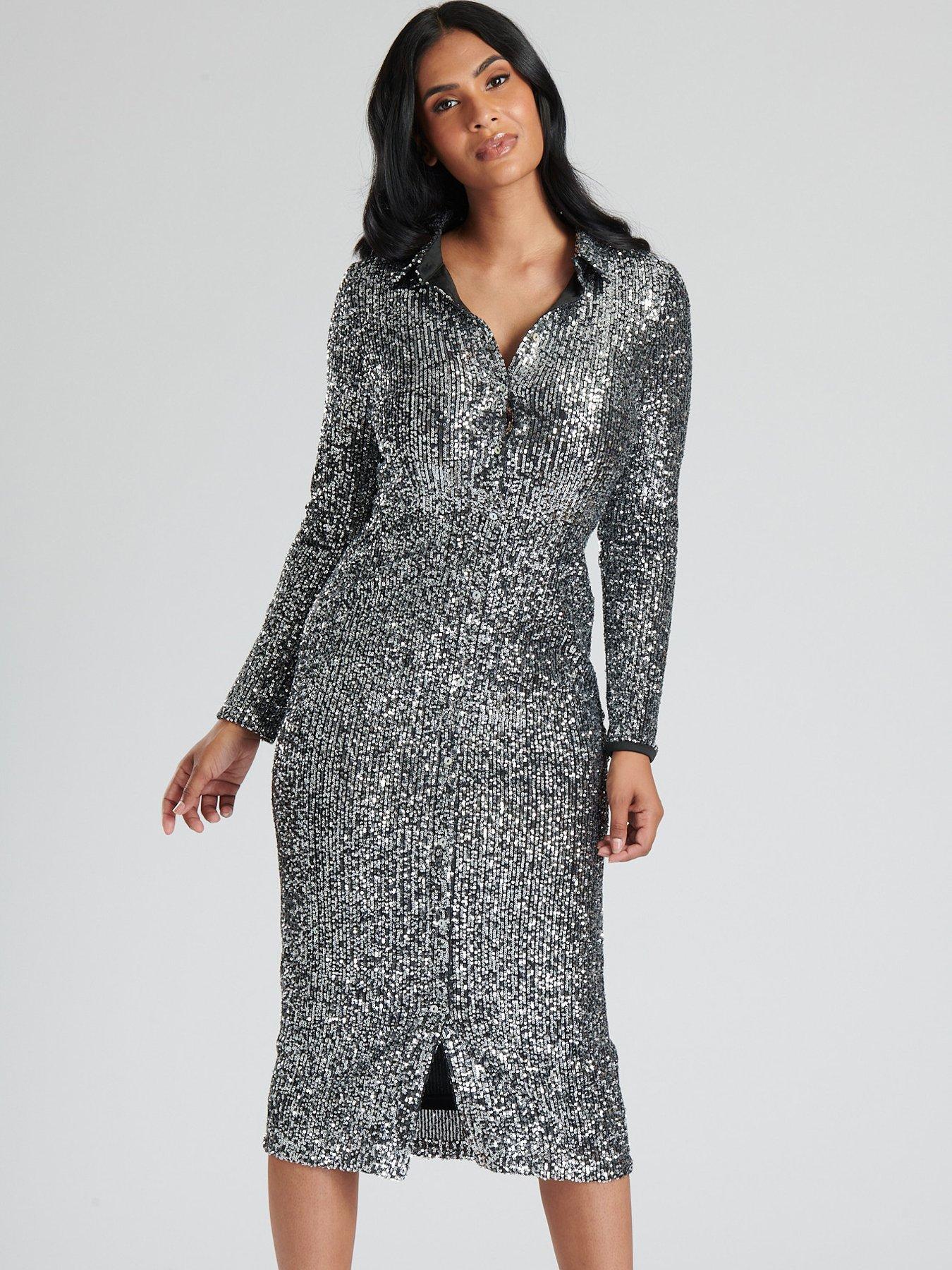 Finding Friday Gunmetal Silver Sequin Midi Shirt Dress | Littlewoods