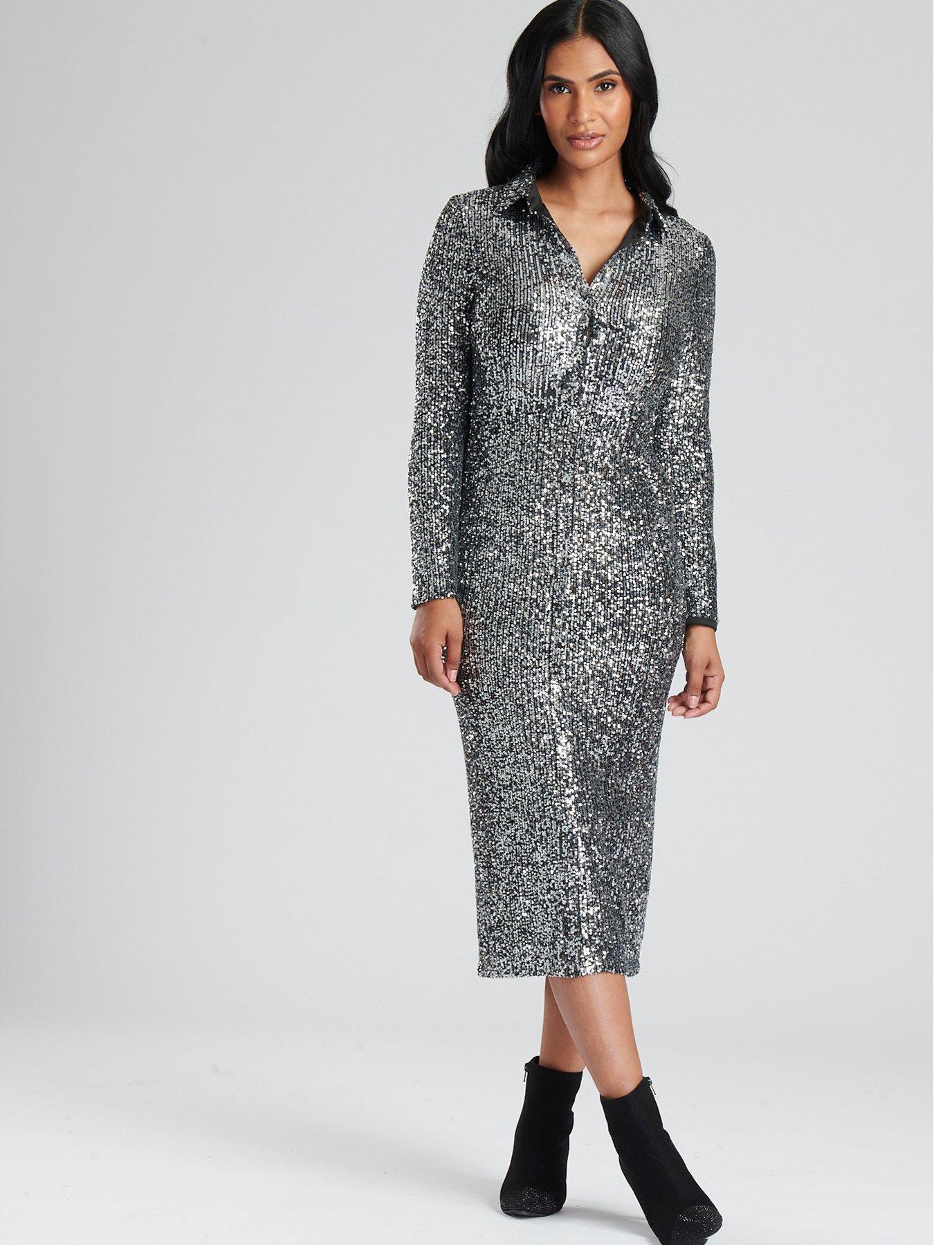 Finding Friday Gunmetal Silver Sequin Midi Shirt Dress | Littlewoods