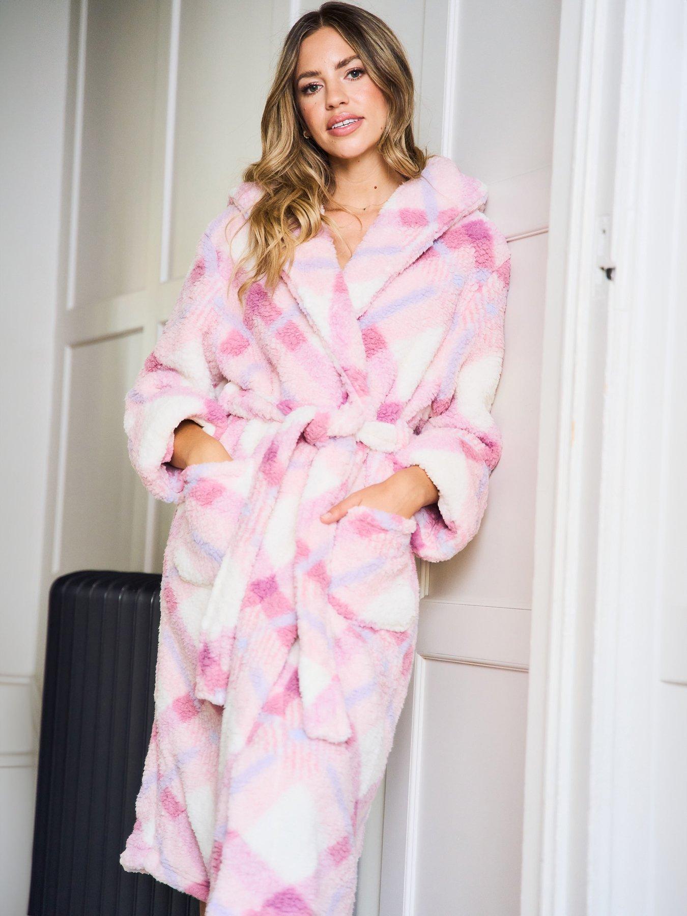 Jim Jam The Label Check Hooded Lamb Fleece Robe - Pink | littlewoods.com