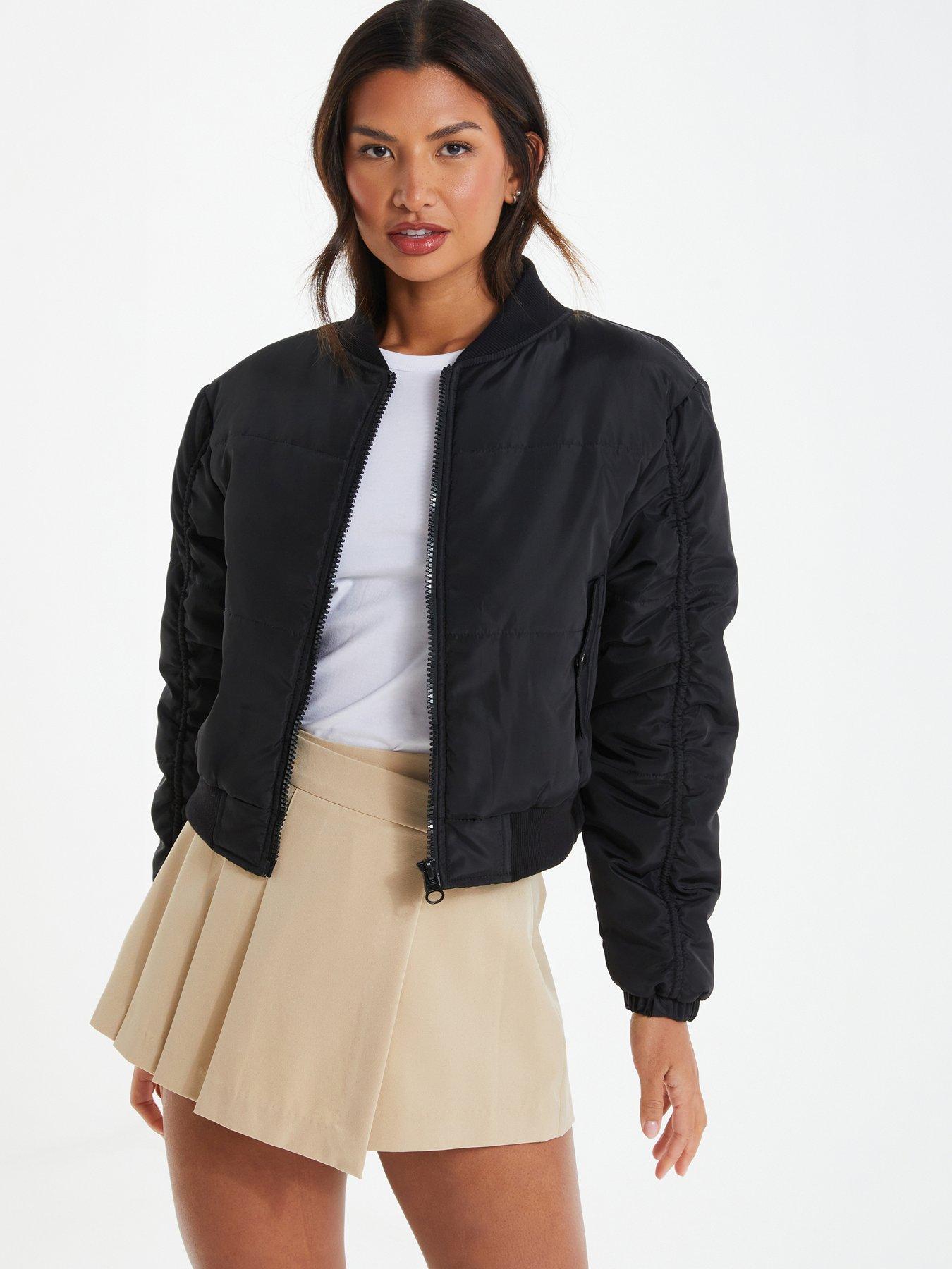 Quiz Black Ruched Sleeve Bomber Jacket | littlewoods.com