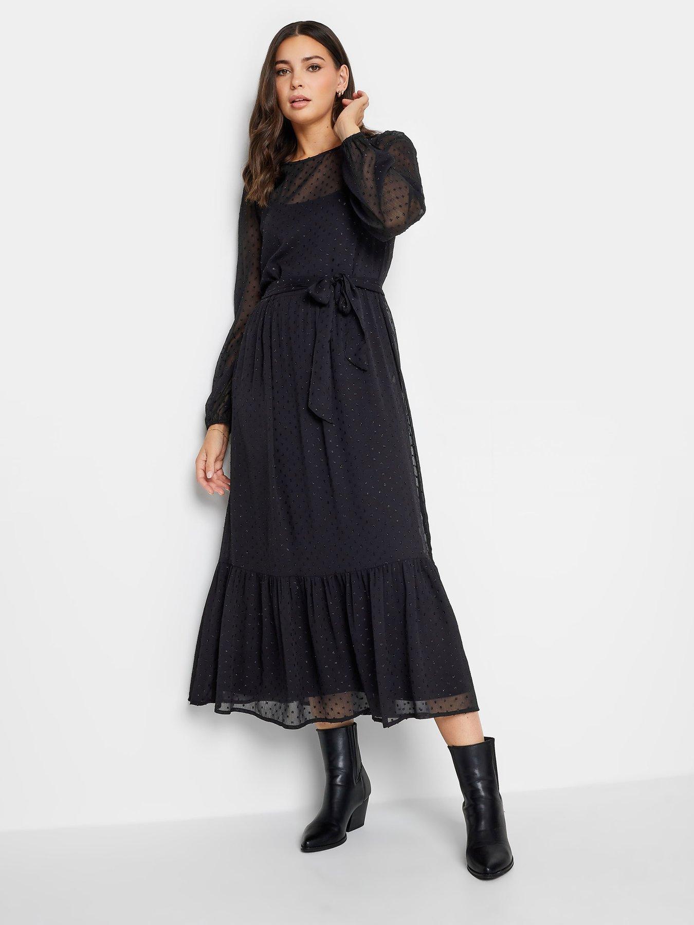Long Tall Sally Dobby Tiered Dress - Black | Littlewoods