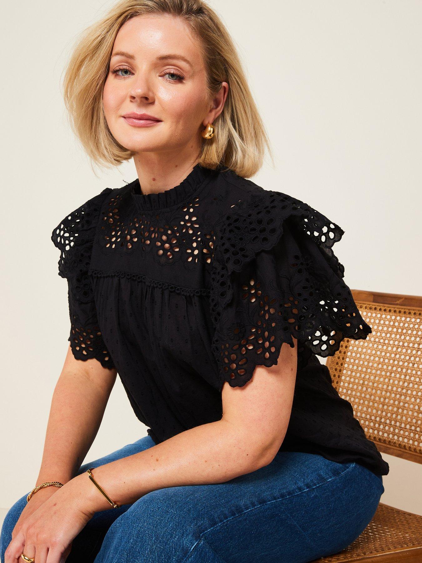 V by Very X Laura Byrnes Cotton Broderie Frill Sleeve Blouse - Black ...
