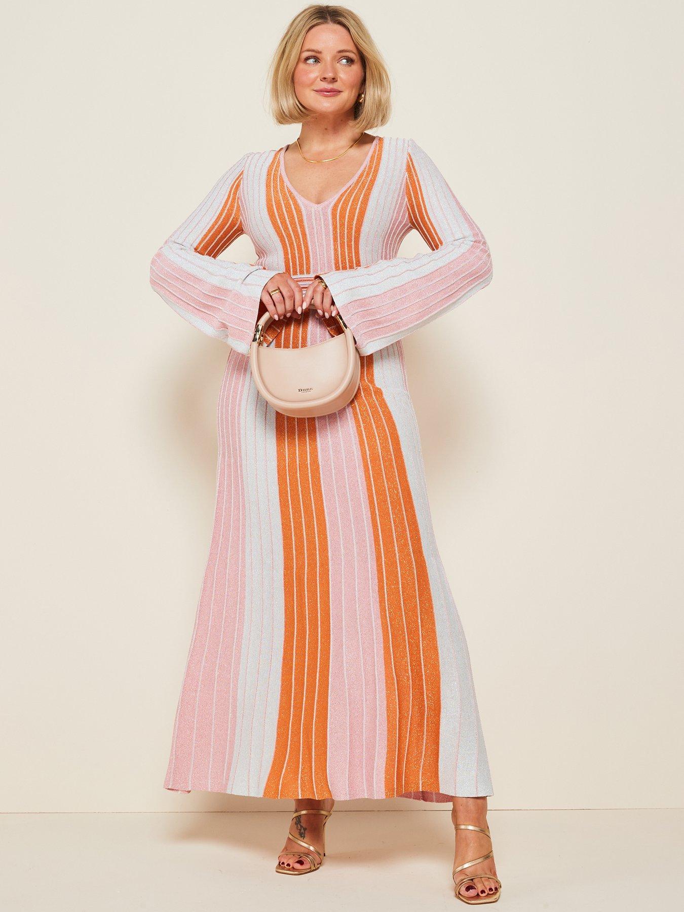 V by Very X Laura Byrnes Lurex Multi Stripe Midi Dress - Pink/Orange | Littlewoods