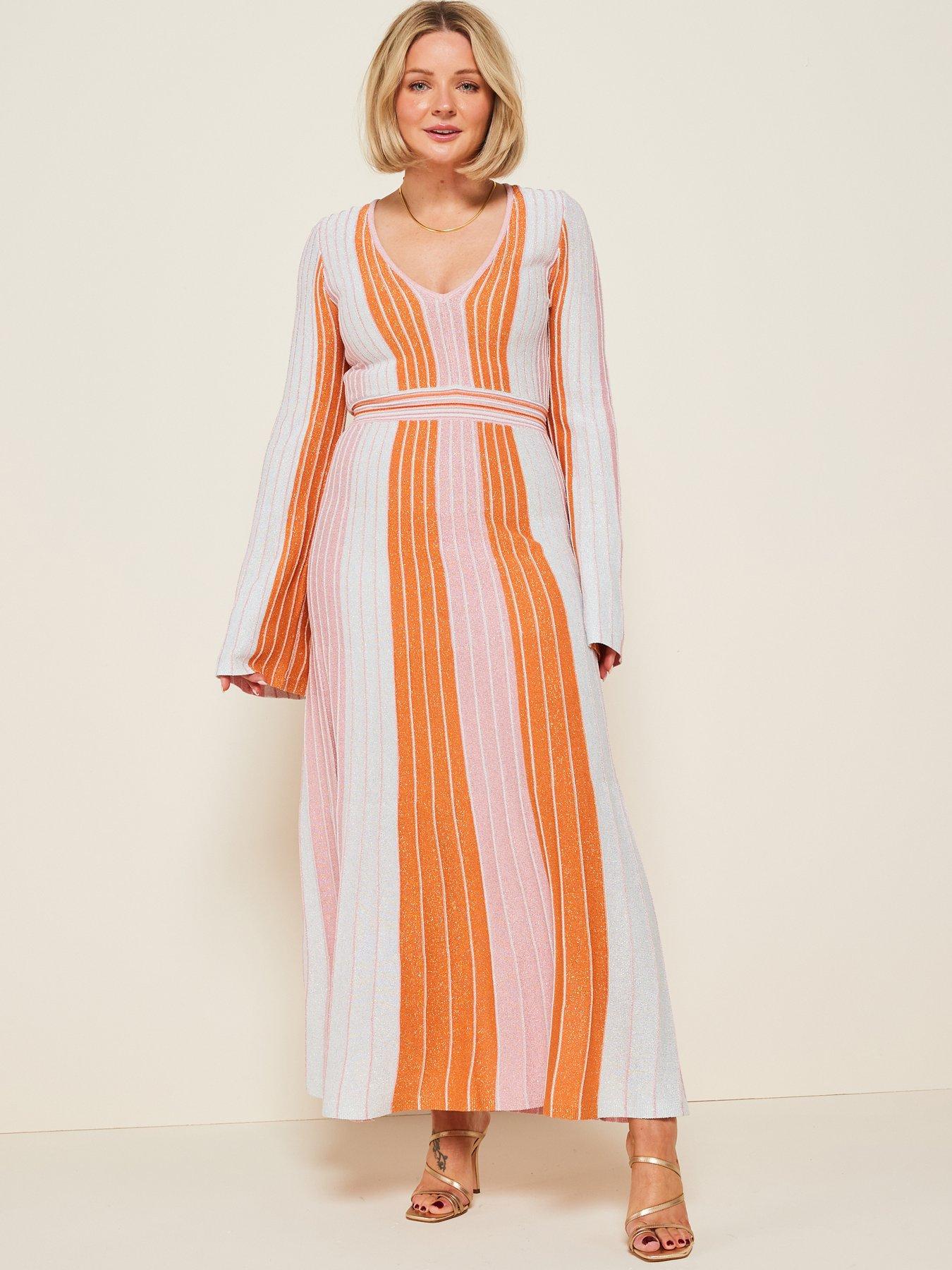 V by Very X Laura Byrnes Lurex Multi Stripe Midi Dress - Pink/Orange | Littlewoods