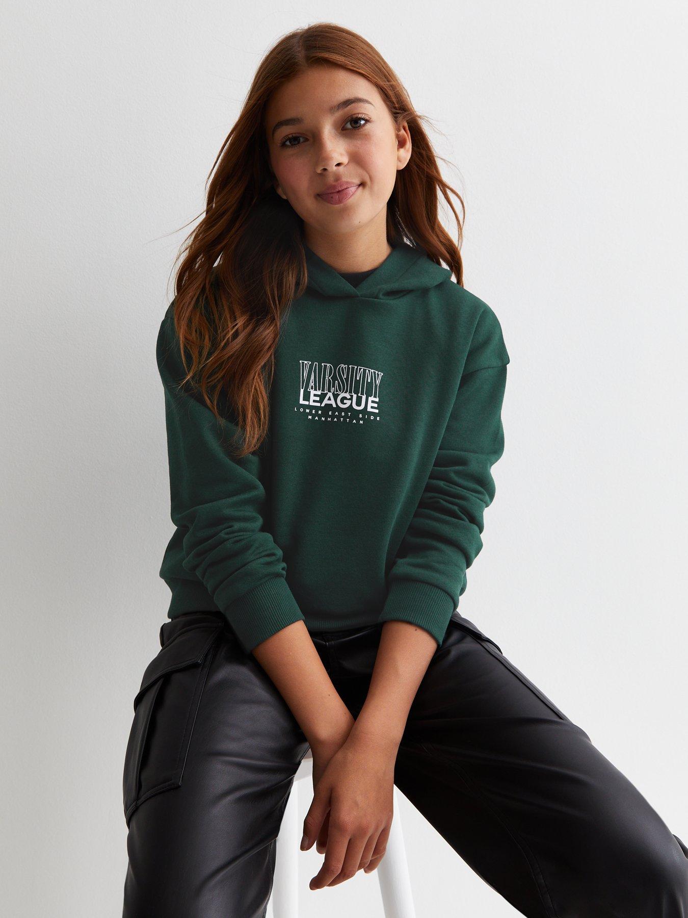 New Look 915 Girls Dark Green Varsity Crop Logo Hoodie | littlewoods.com