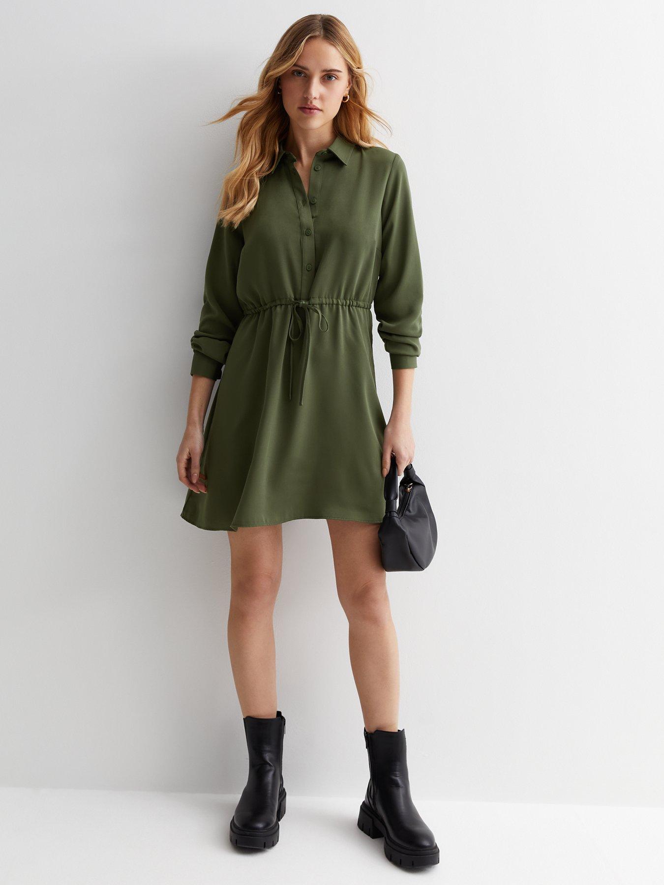 New Look Khaki Drawstring Mini Shirt Dress | littlewoods.com