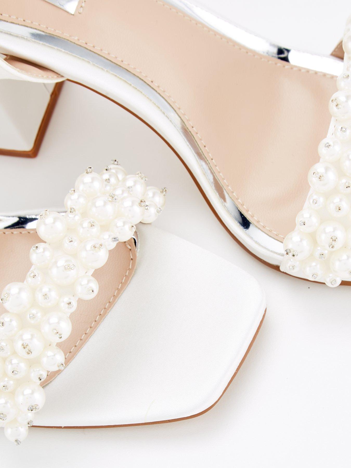 Raid Bridal Be Mine Jayna Pearl Embellished Block Heels Shoes - Ivory ...
