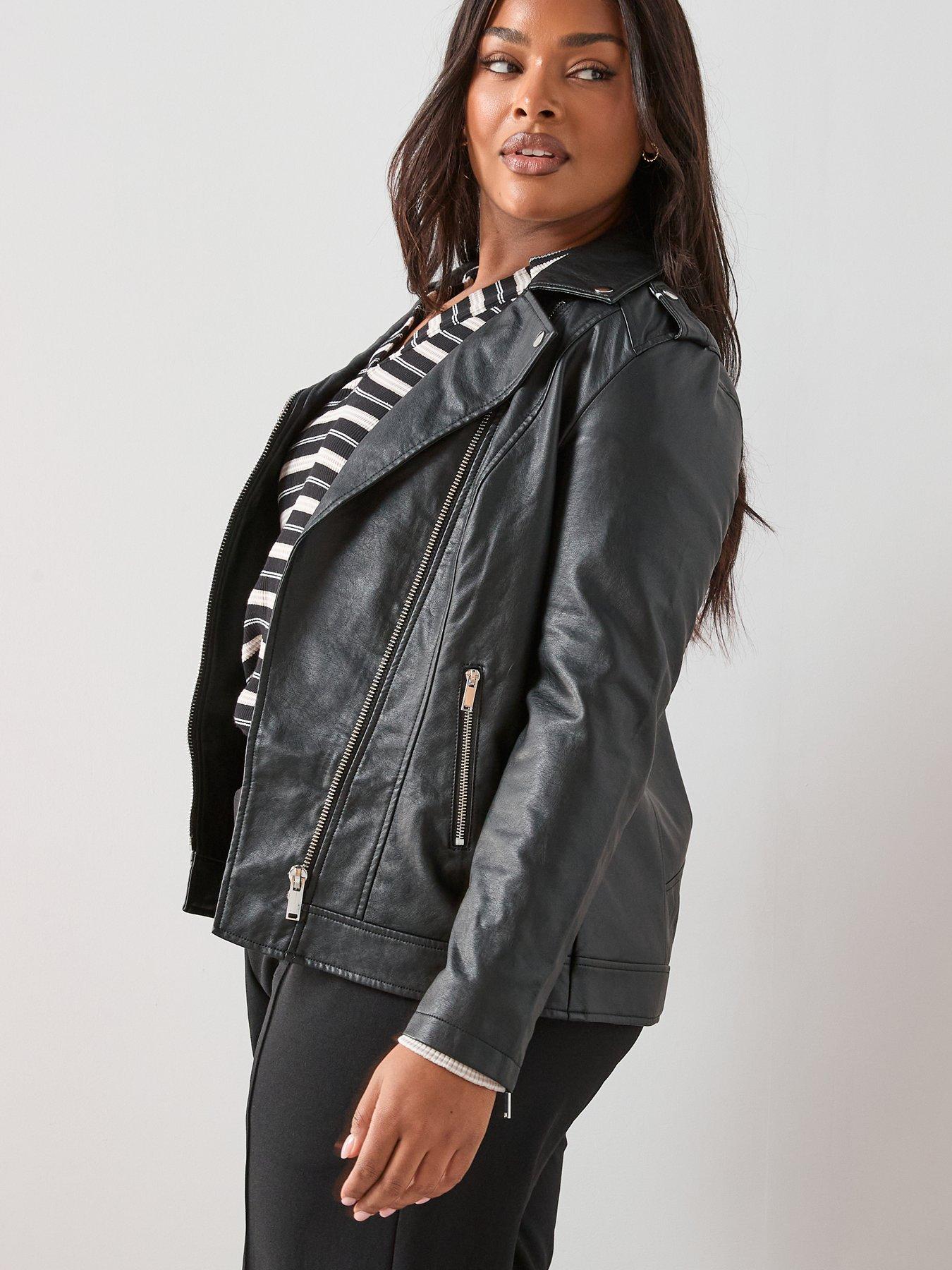 V by Very Curve Longline Faux Leather Biker Jacket - Black | Littlewoods