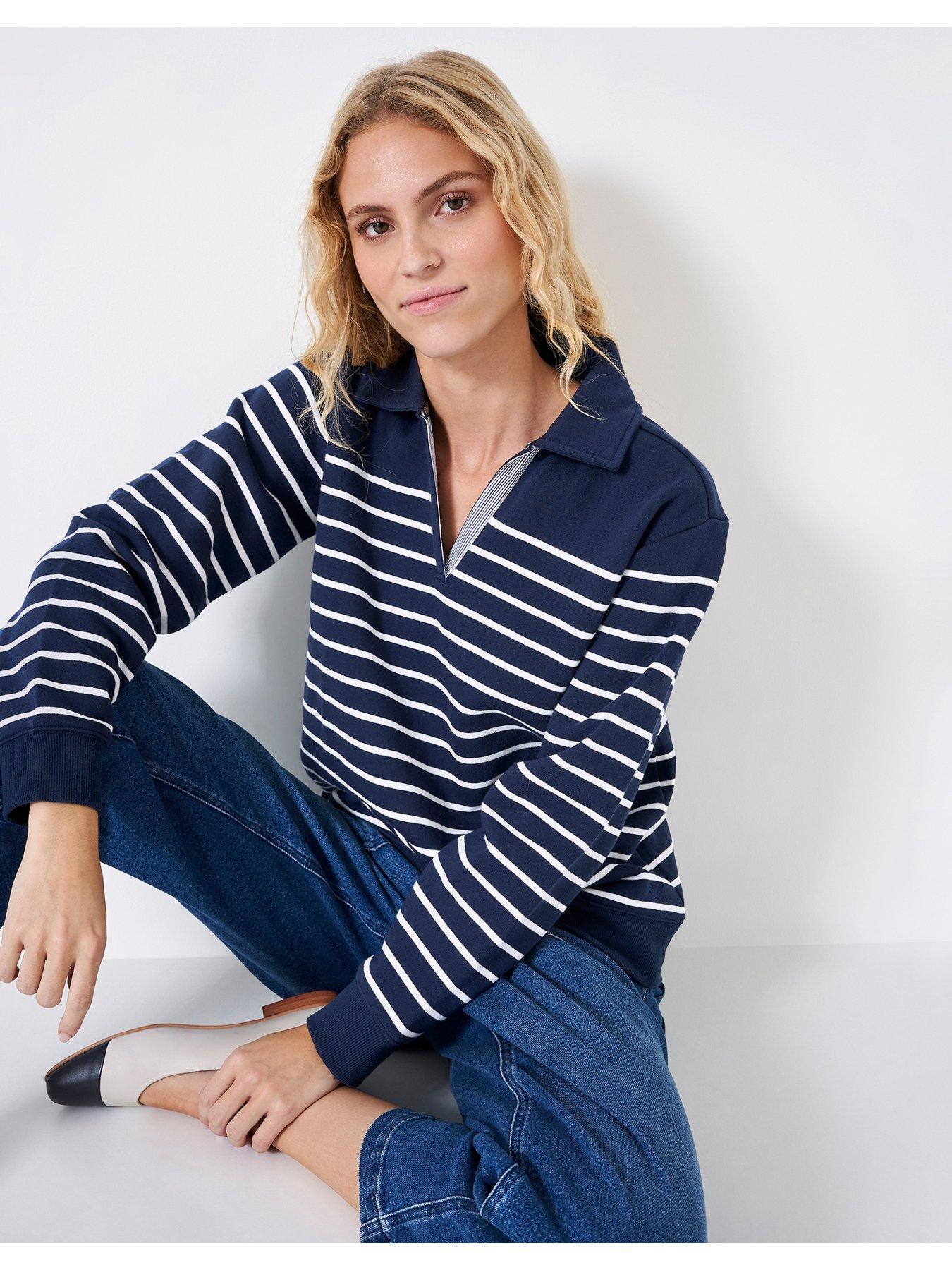 Crew Clothing Sandy Stripe Open Collar Sweat Top - Blue | littlewoods.com