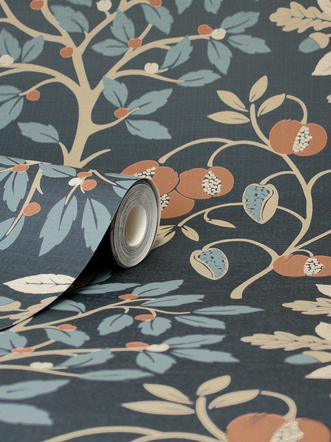 Fine Decor Rowan Autumn Trees Wallpaper in Navy | Littlewoods