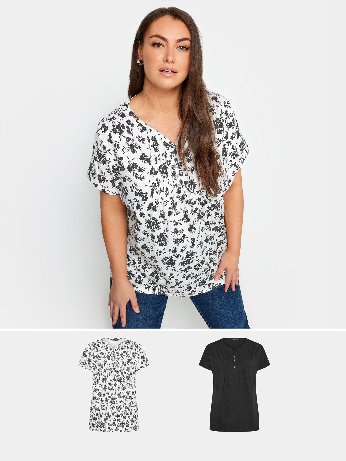 Yours Curve Ss Pintuck Henley 2 Pack - Black/ White Spring Floral ...