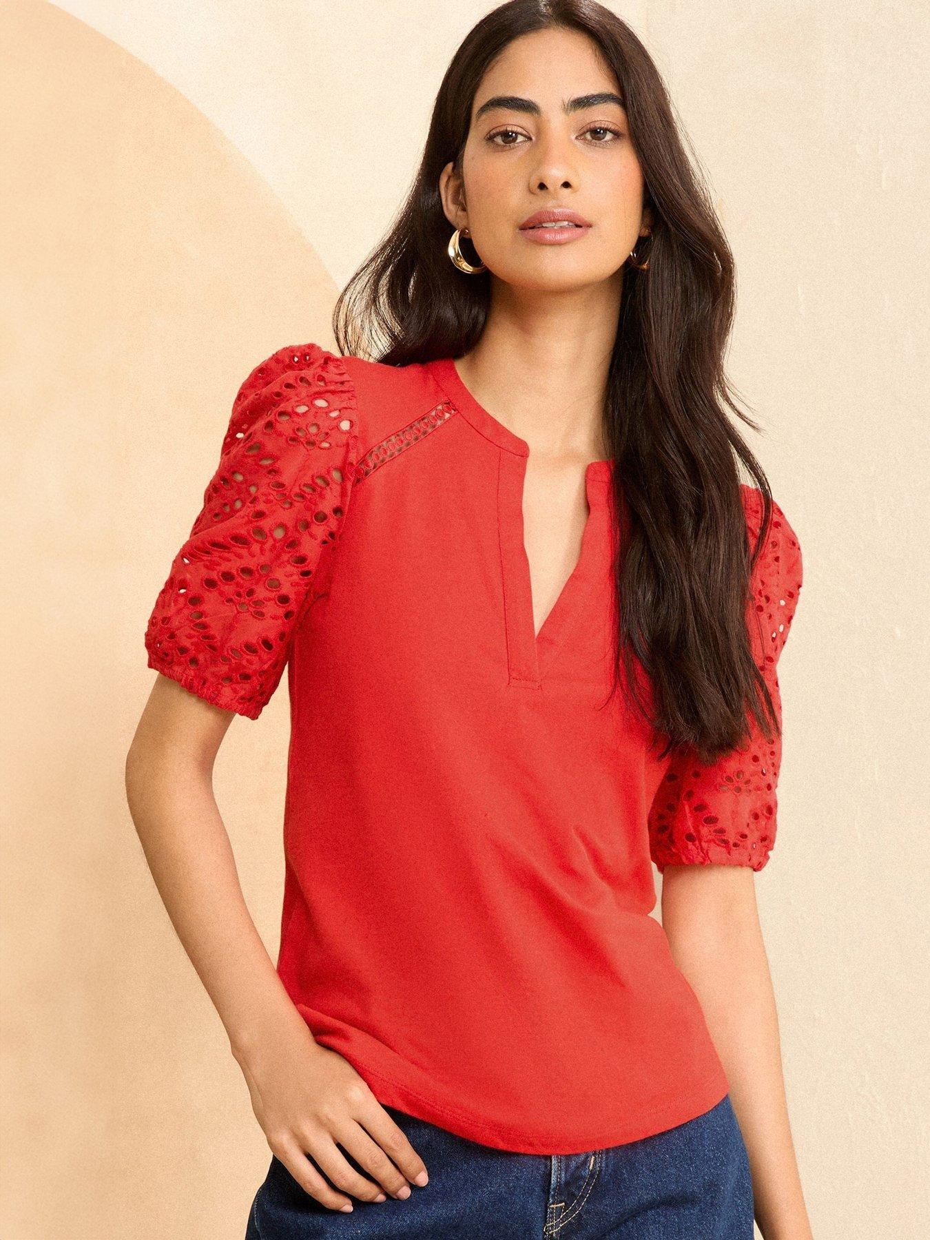 Love & Roses Broderie Sleeve Notch Neck Jersey Top-red | Littlewoods