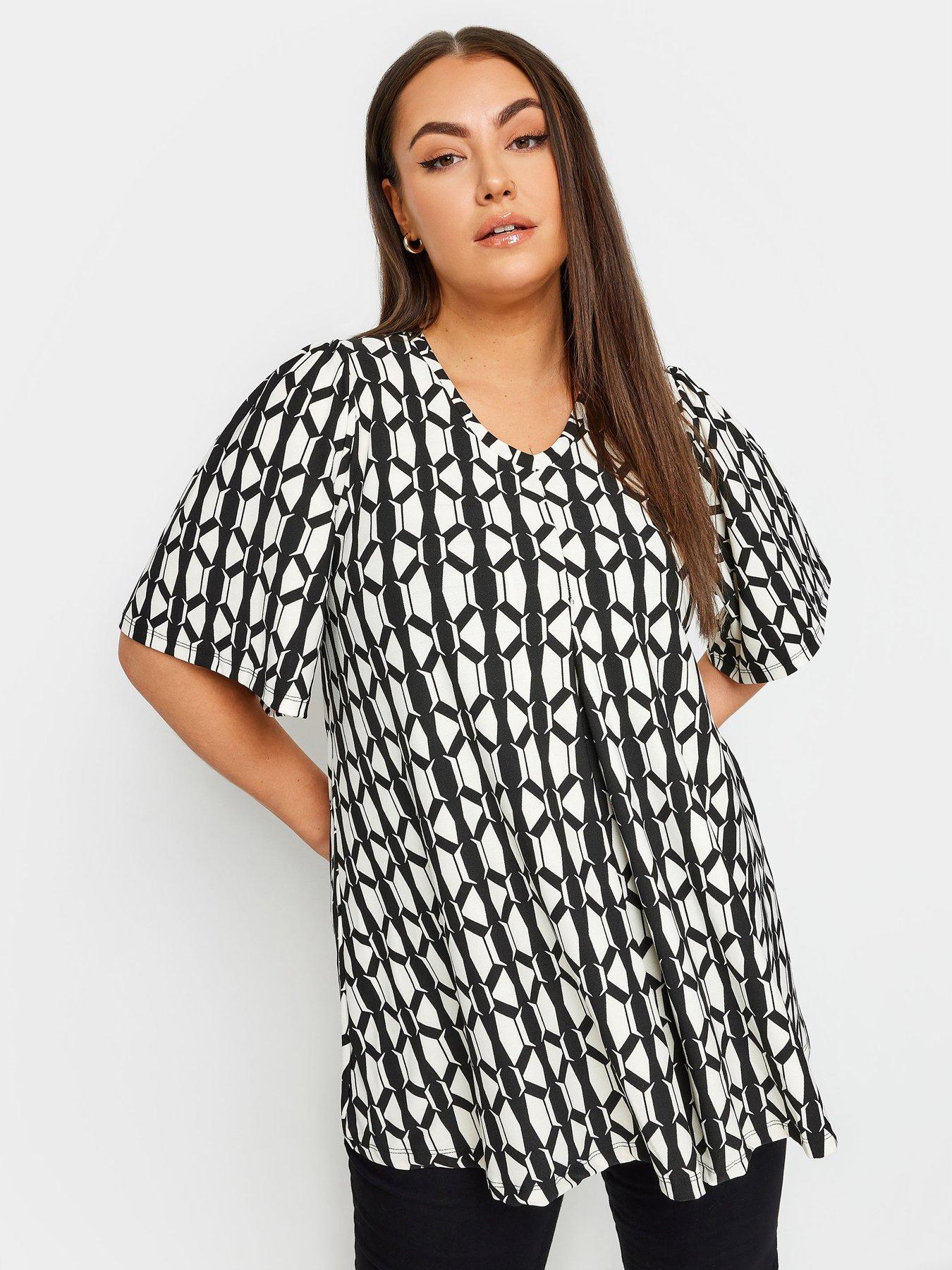 Yours Curve Geometric Pleat Angel Sleeve Swing T-shirt - White ...