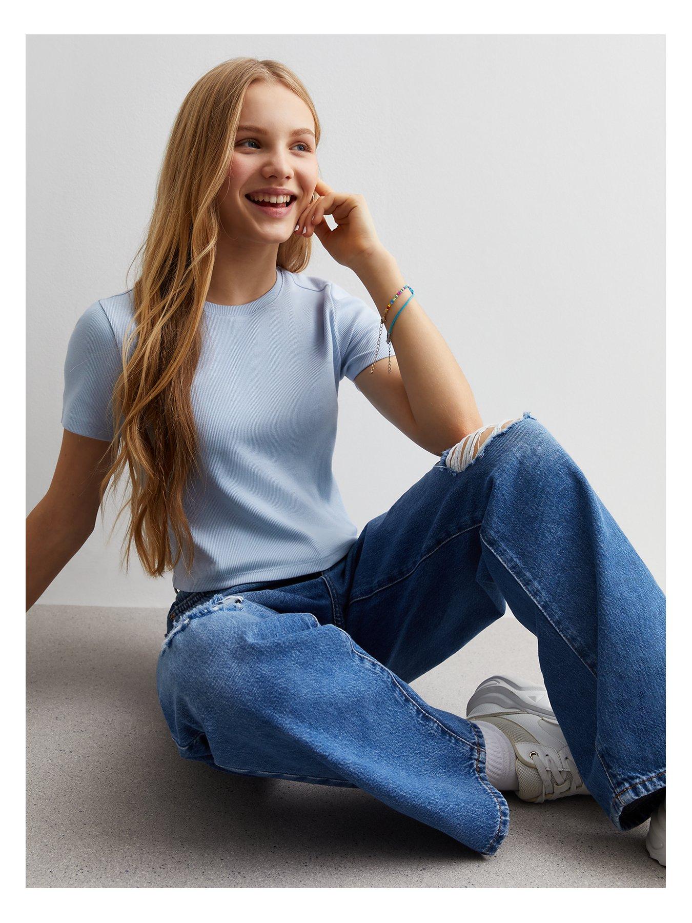 New Look 915 Girls Blue Ribbed Crew Neck T-Shirt | littlewoods.com