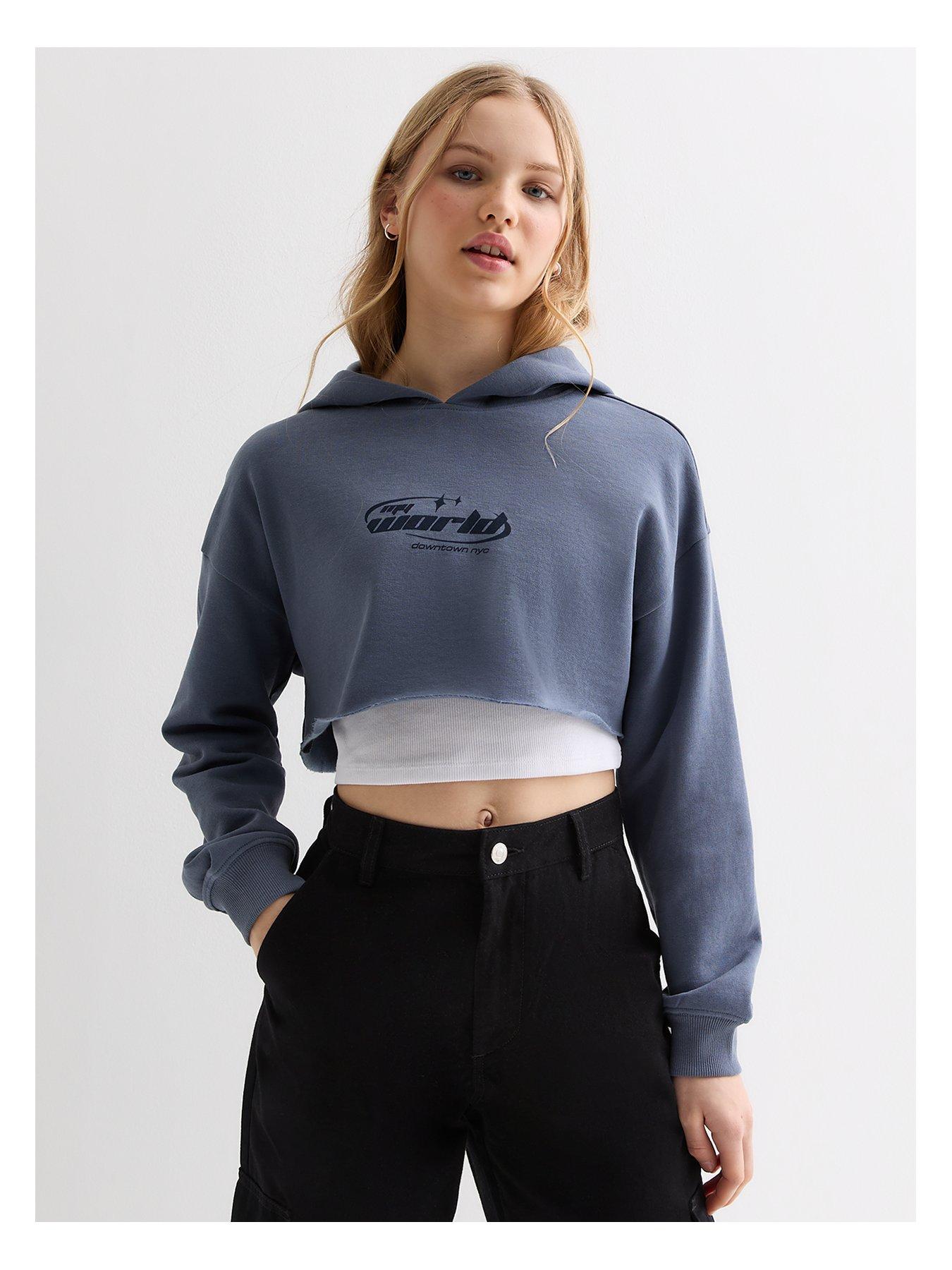 New Look 915 Girls Blue My World Crop Logo Hoodie | littlewoods.com