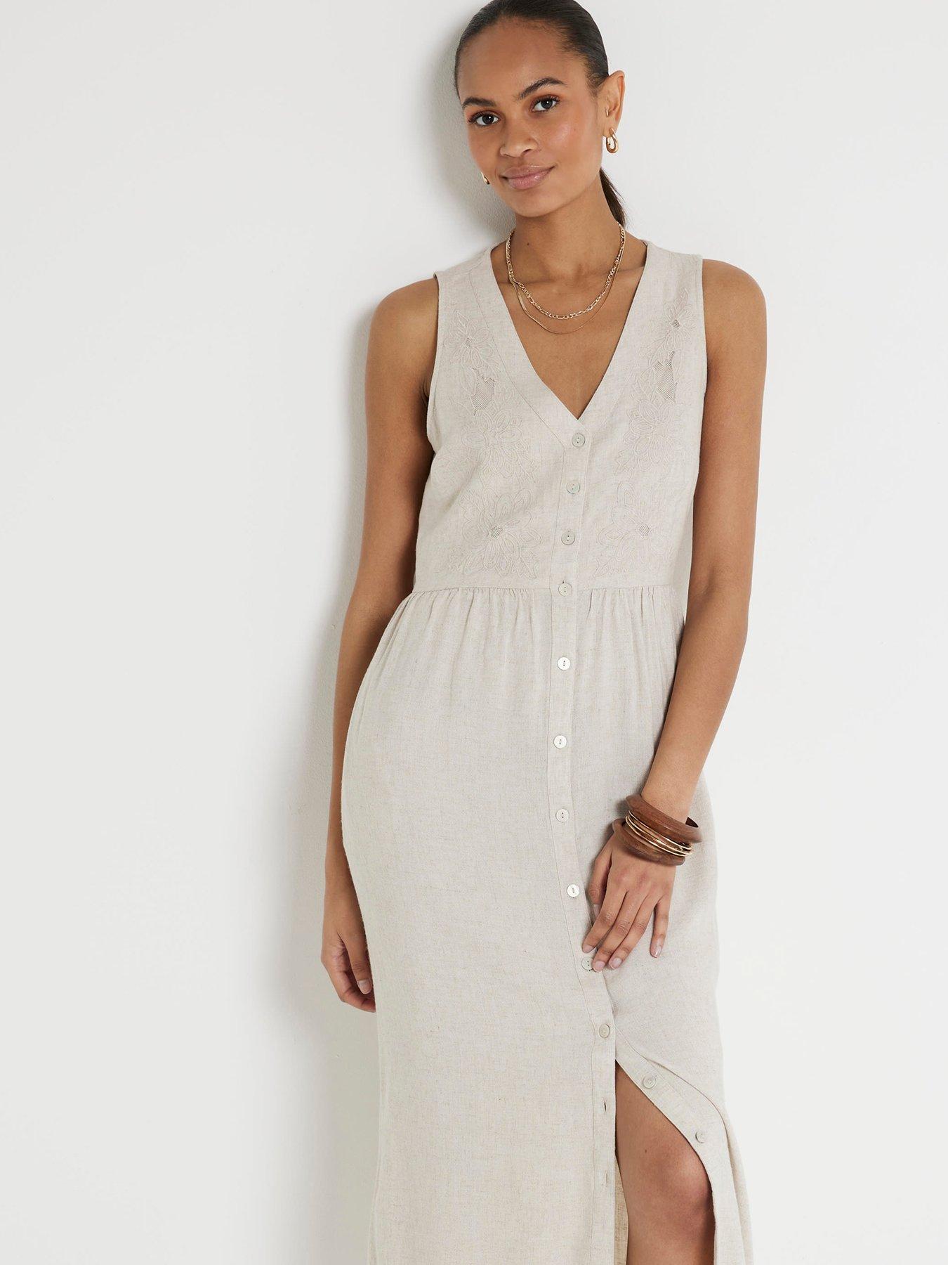 River Island Linen Cutwork Midi Dress Beige