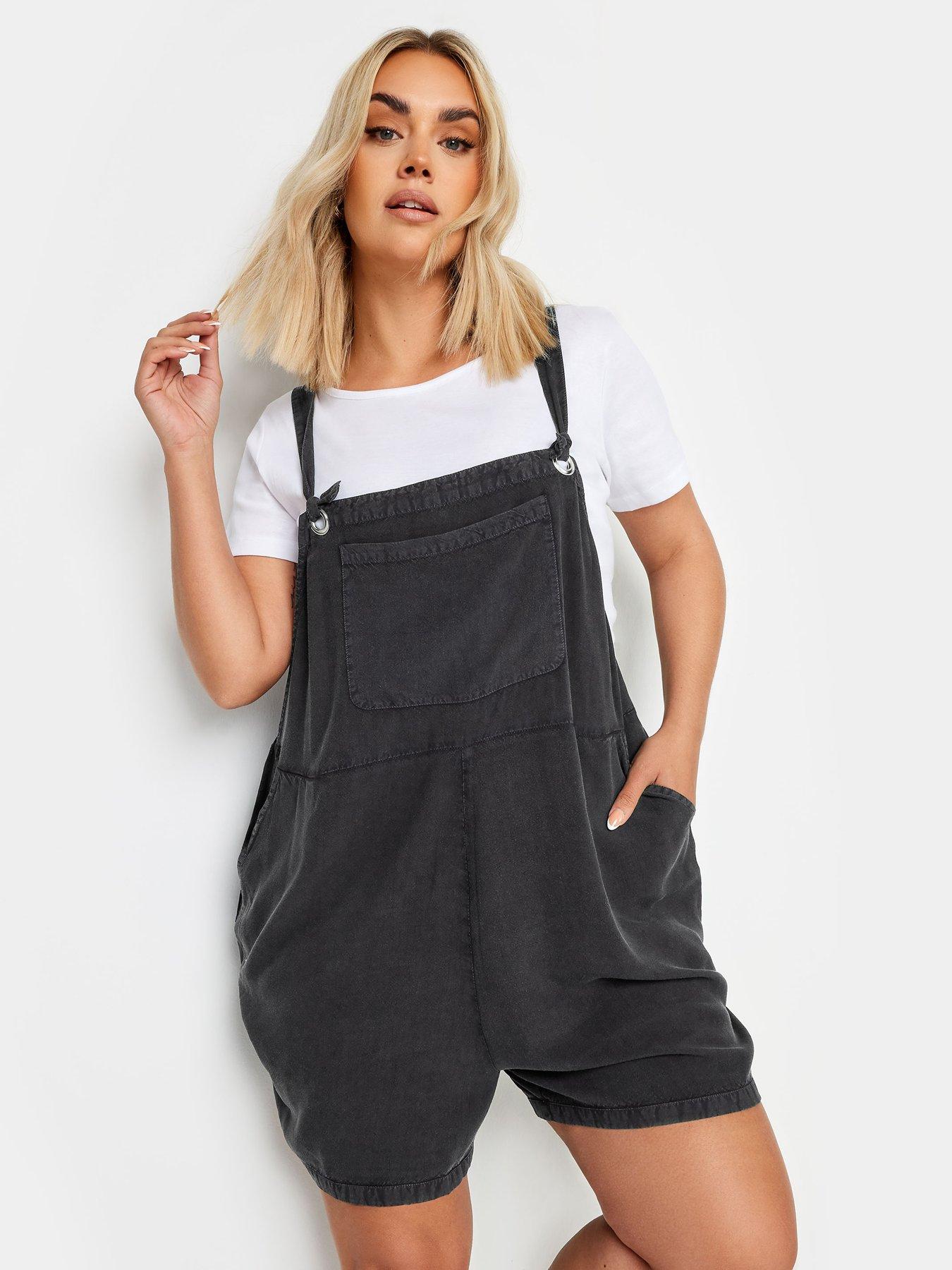 Yours Curve Dungaree Short Chambray Washed Black | Littlewoods