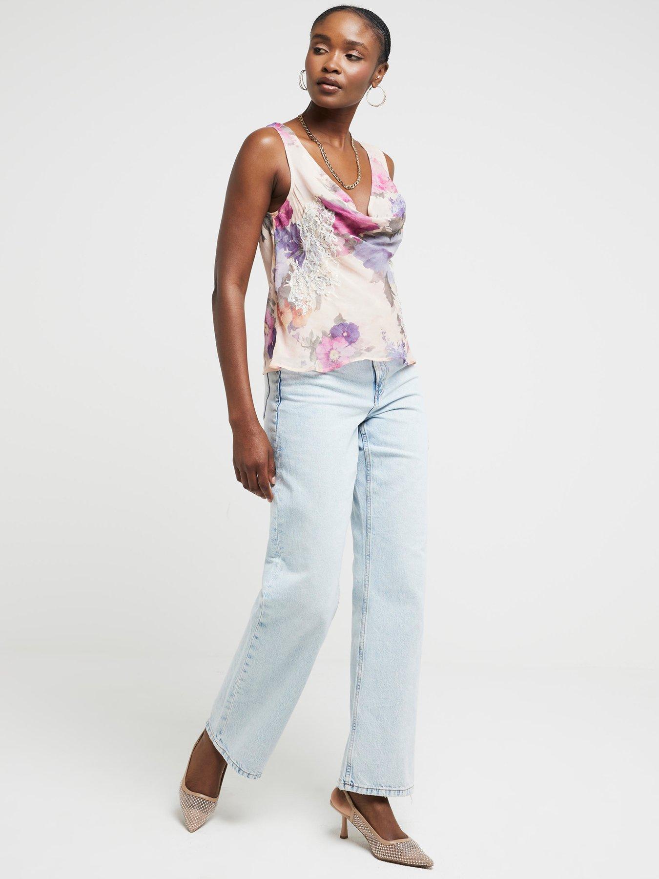 River Island Lace Insert Cowl Neck Top - Light Pink | Littlewoods