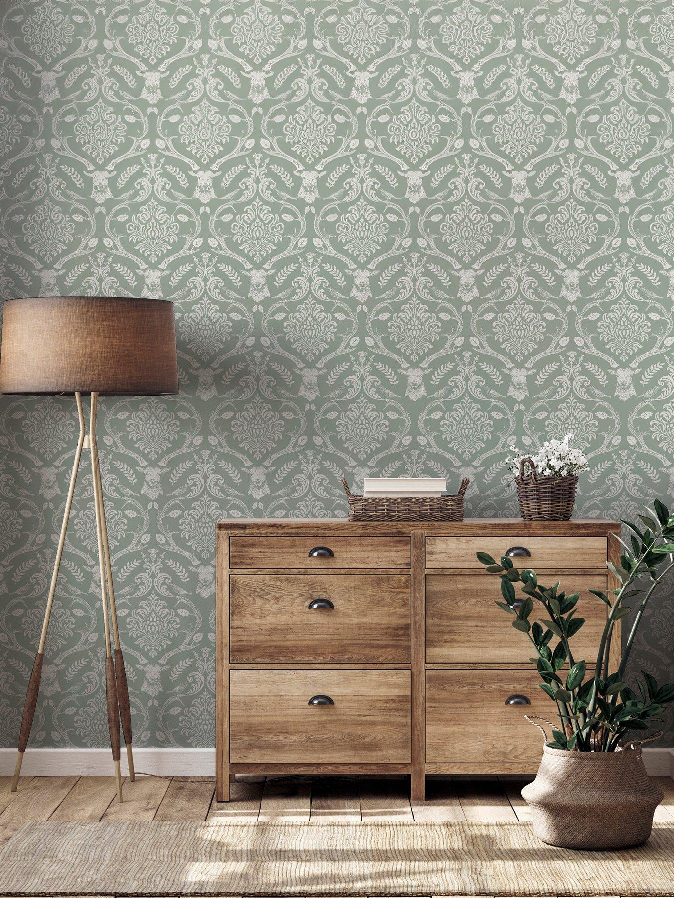 ARTHOUSE Stag Damask Wallpaper in Sage Green | littlewoods.com