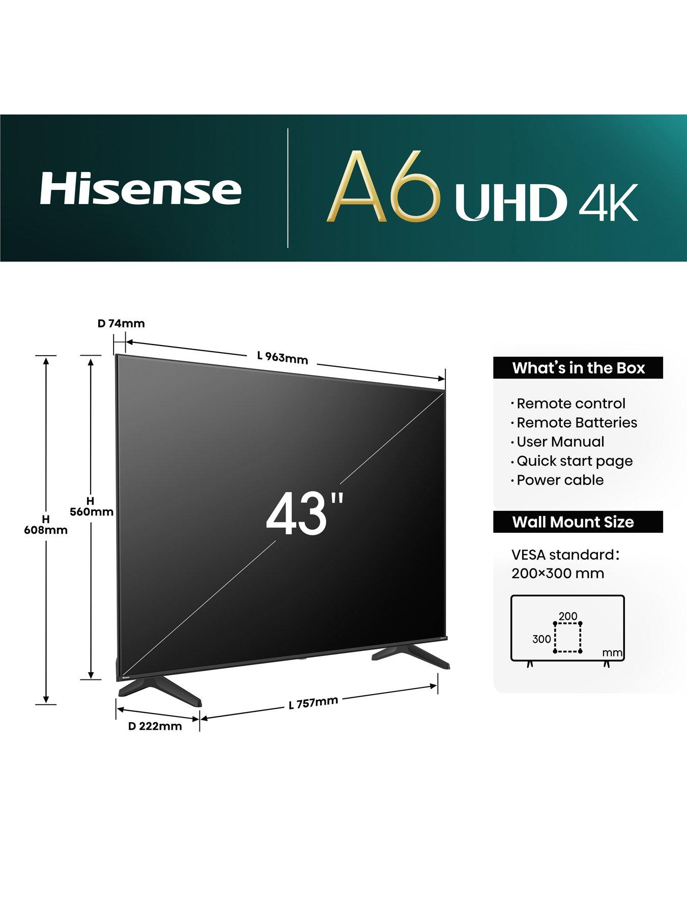 Hisense 43A6NTUK, 43-inch, 4K HDR, Smart TV | Littlewoods