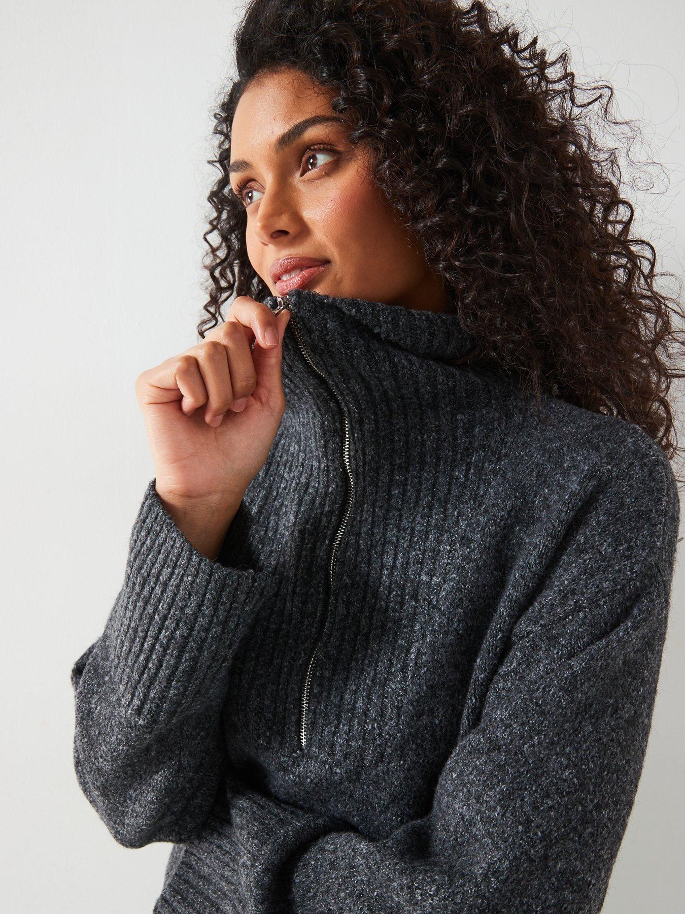 V by Very Quarter Zip Longline Knitted Jumper Coord - Grey | Littlewoods