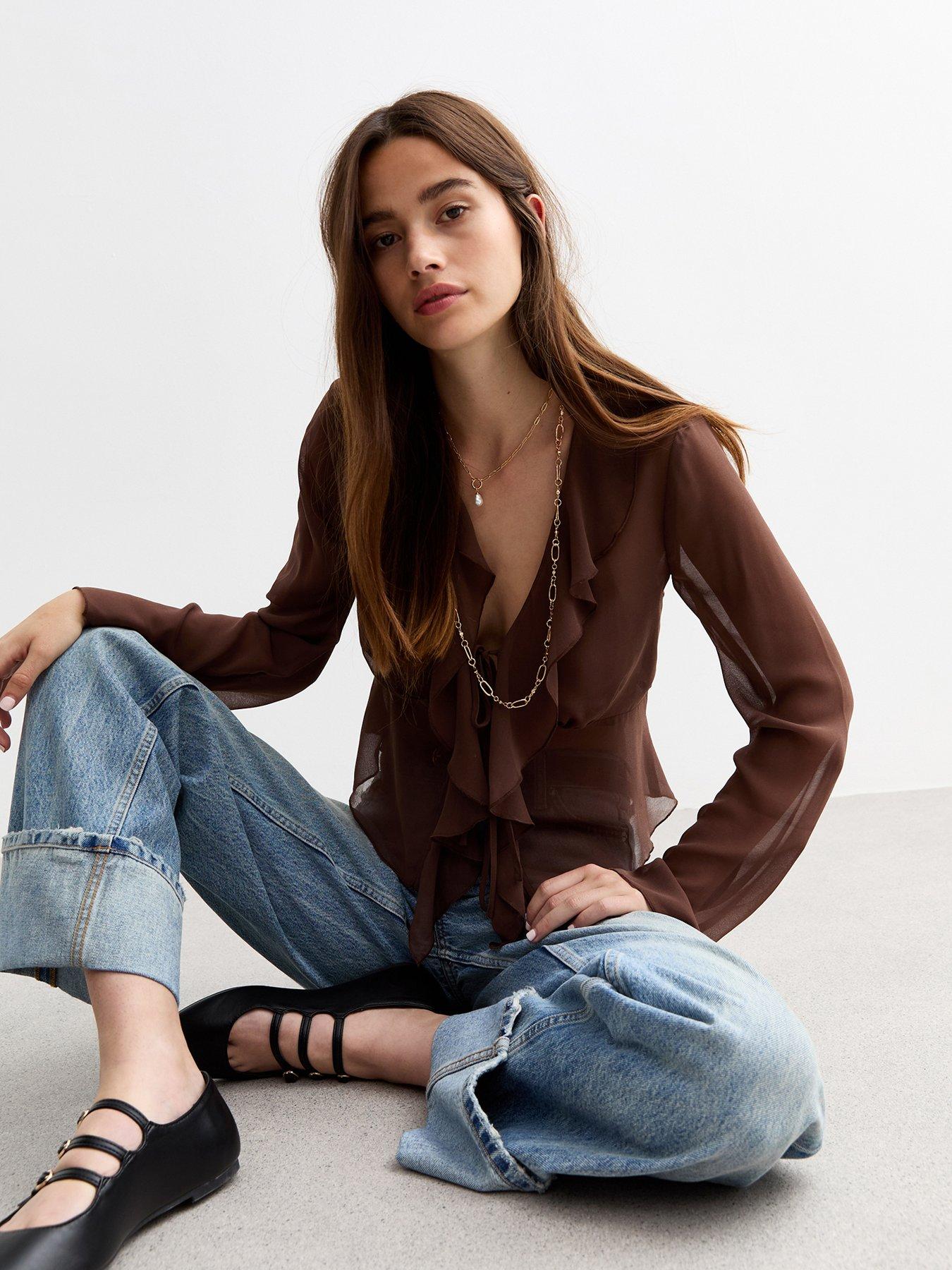 New Look Ruffle Front Blouse - Brown | littlewoods.com