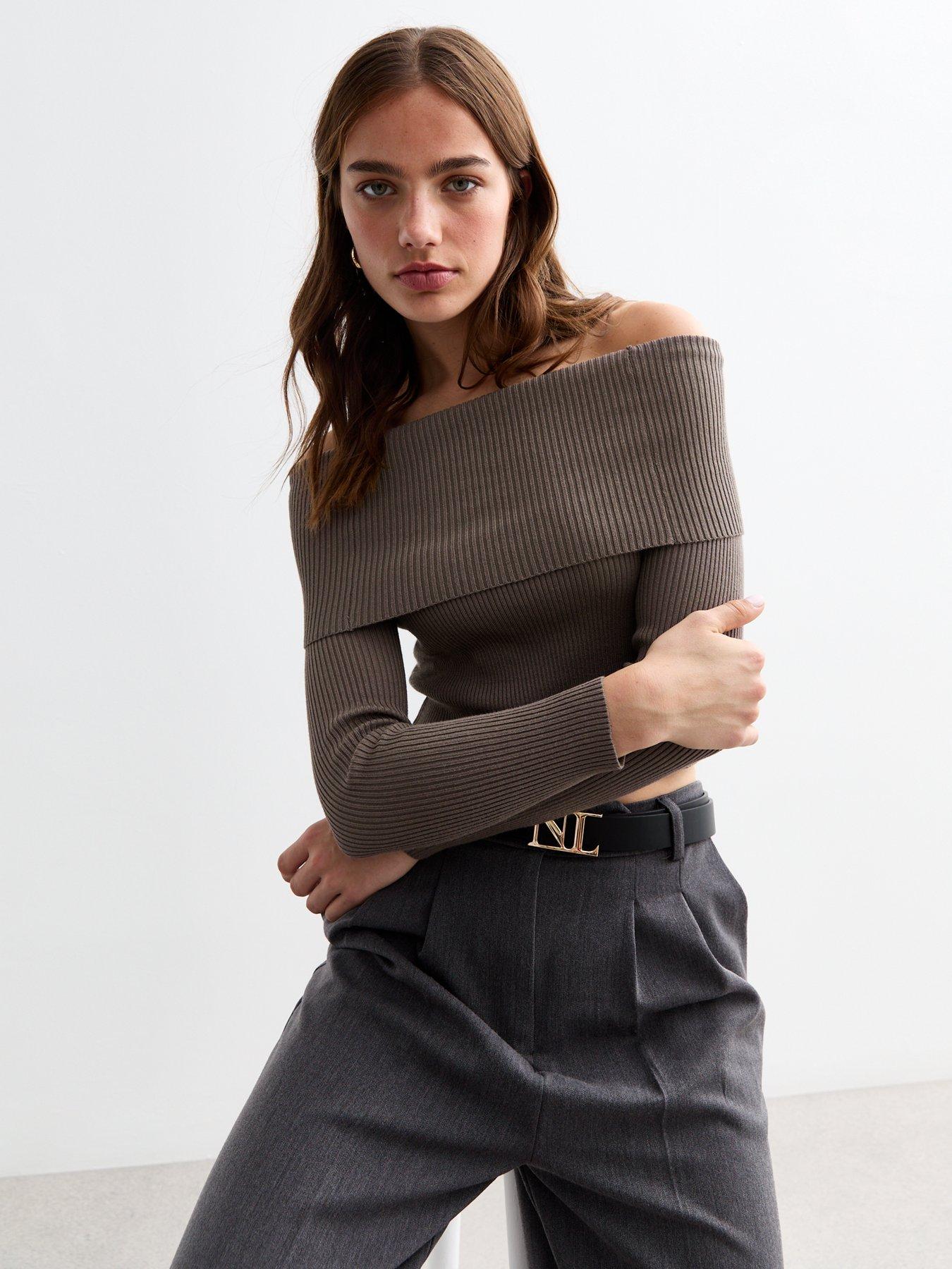 New Look Rib Knit Foldover Bardot Jumper - Brown | Littlewoods