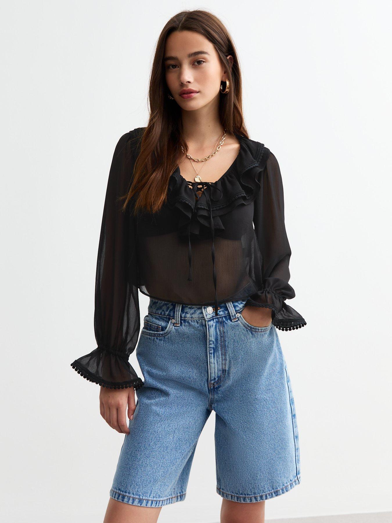 New Look Ruffle Trim Chiffon Blouse - Black | littlewoods.com