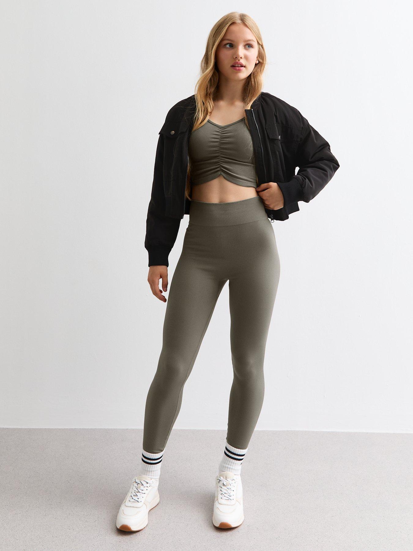 New Look 915 Girls Green Ribbed Ruched Long Sleeved Sports Top ...