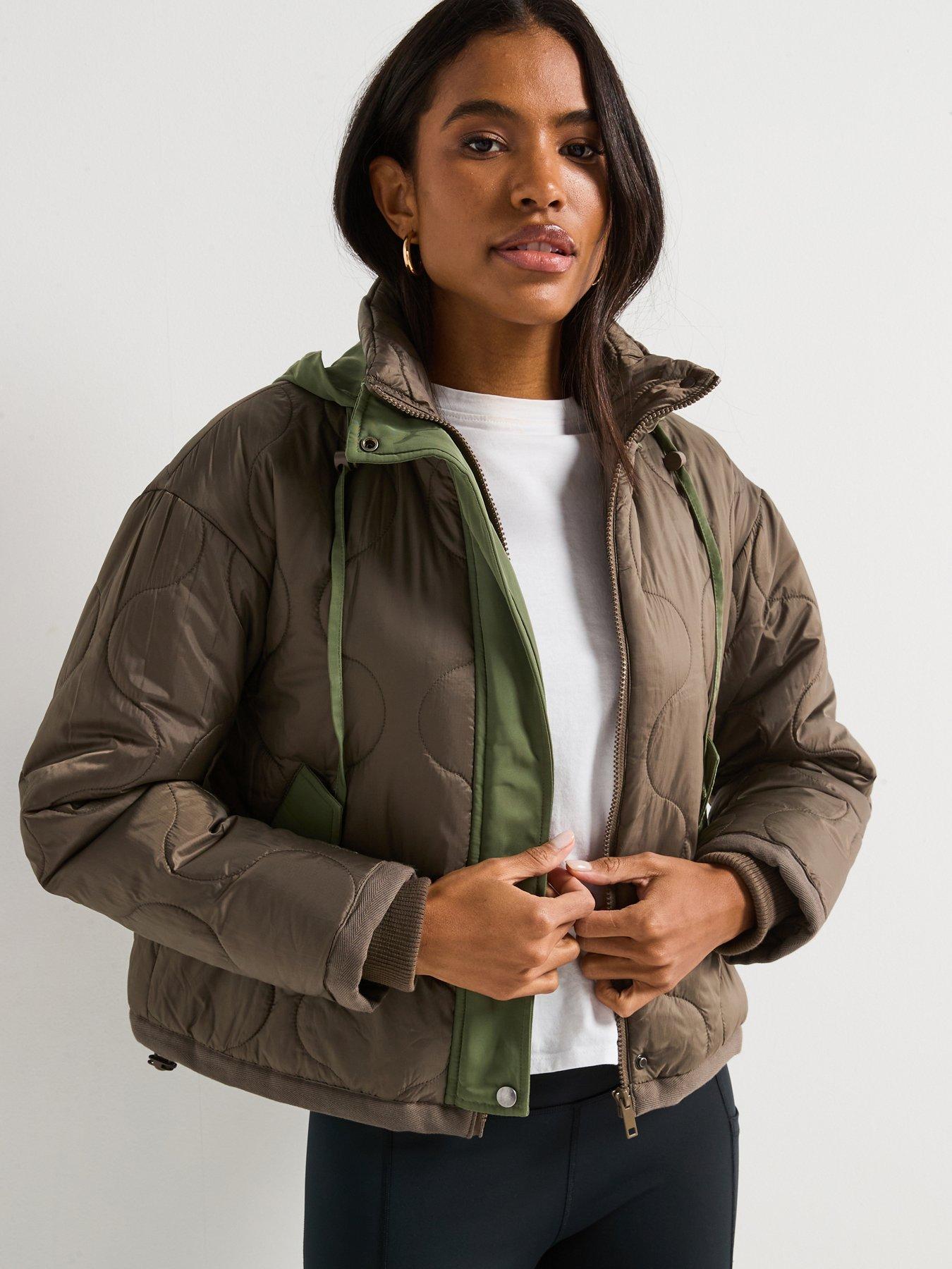 V by Very Short Quilted Jacket With Contrast Details - Khaki | Littlewoods