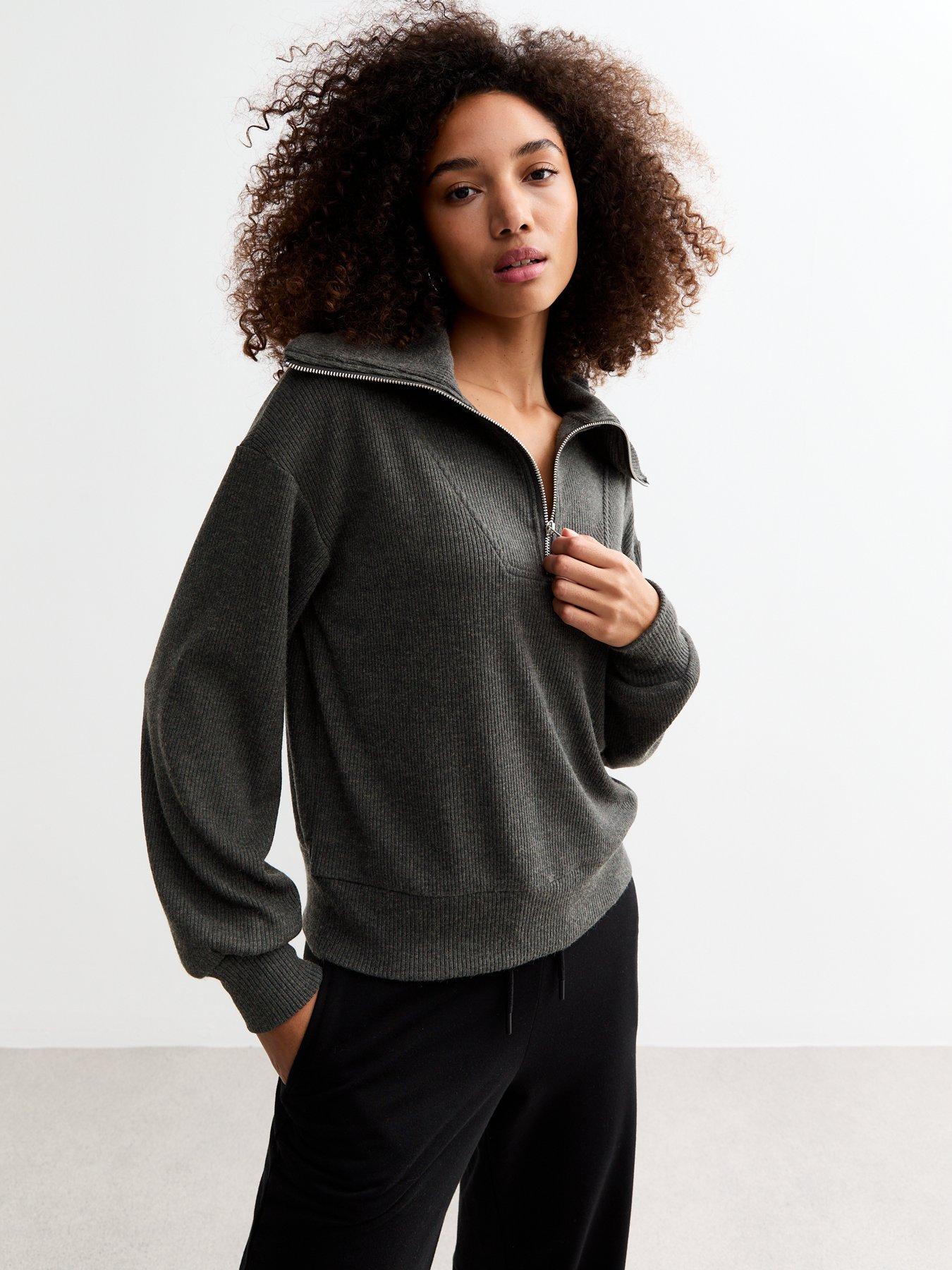 New Look Grey Rib Soft Touch Oversized Half Zip Jumper | littlewoods.com