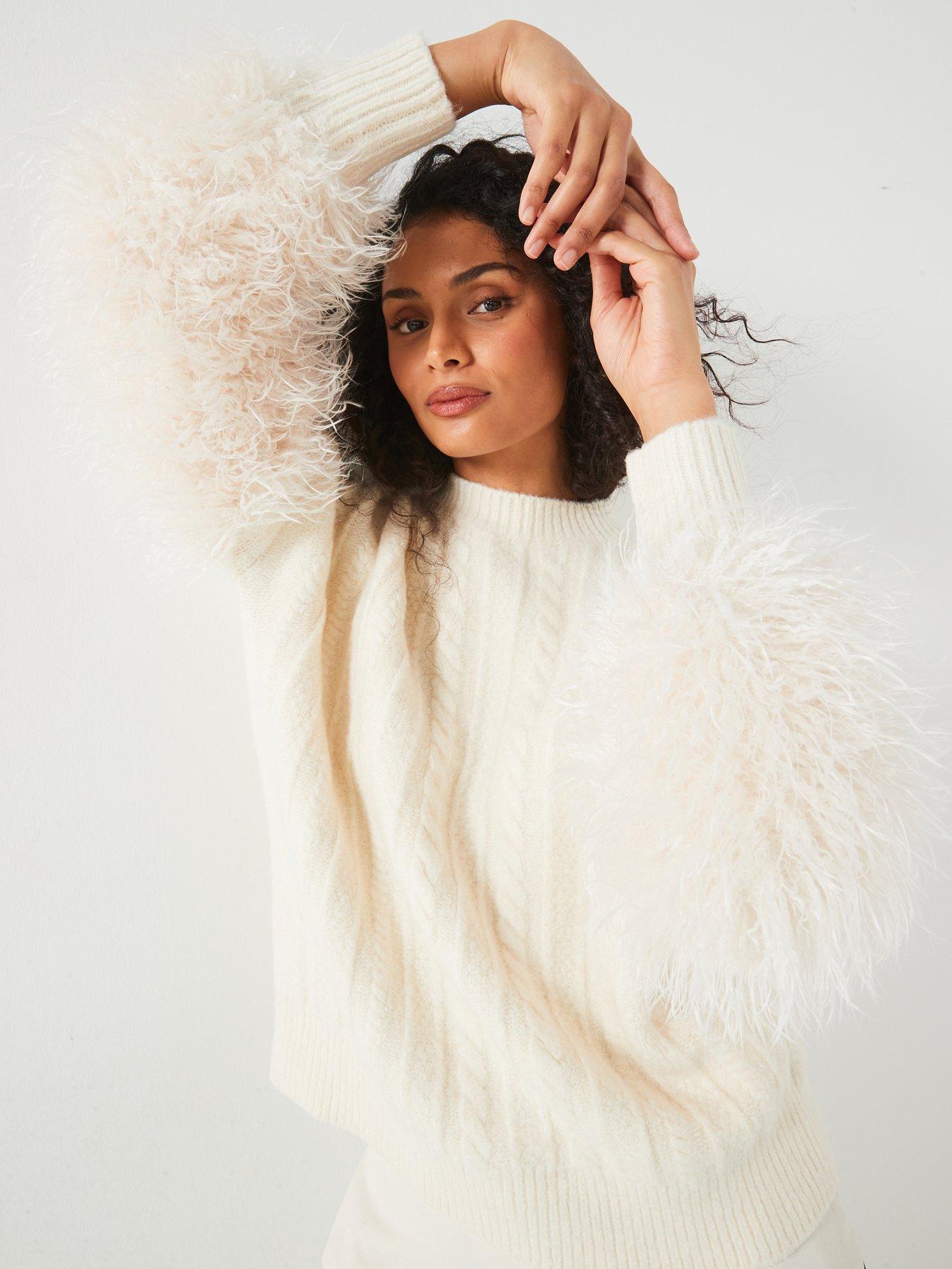 V by Very Cable Knit Faux Fur Sleeve Jumper - Cream | Littlewoods