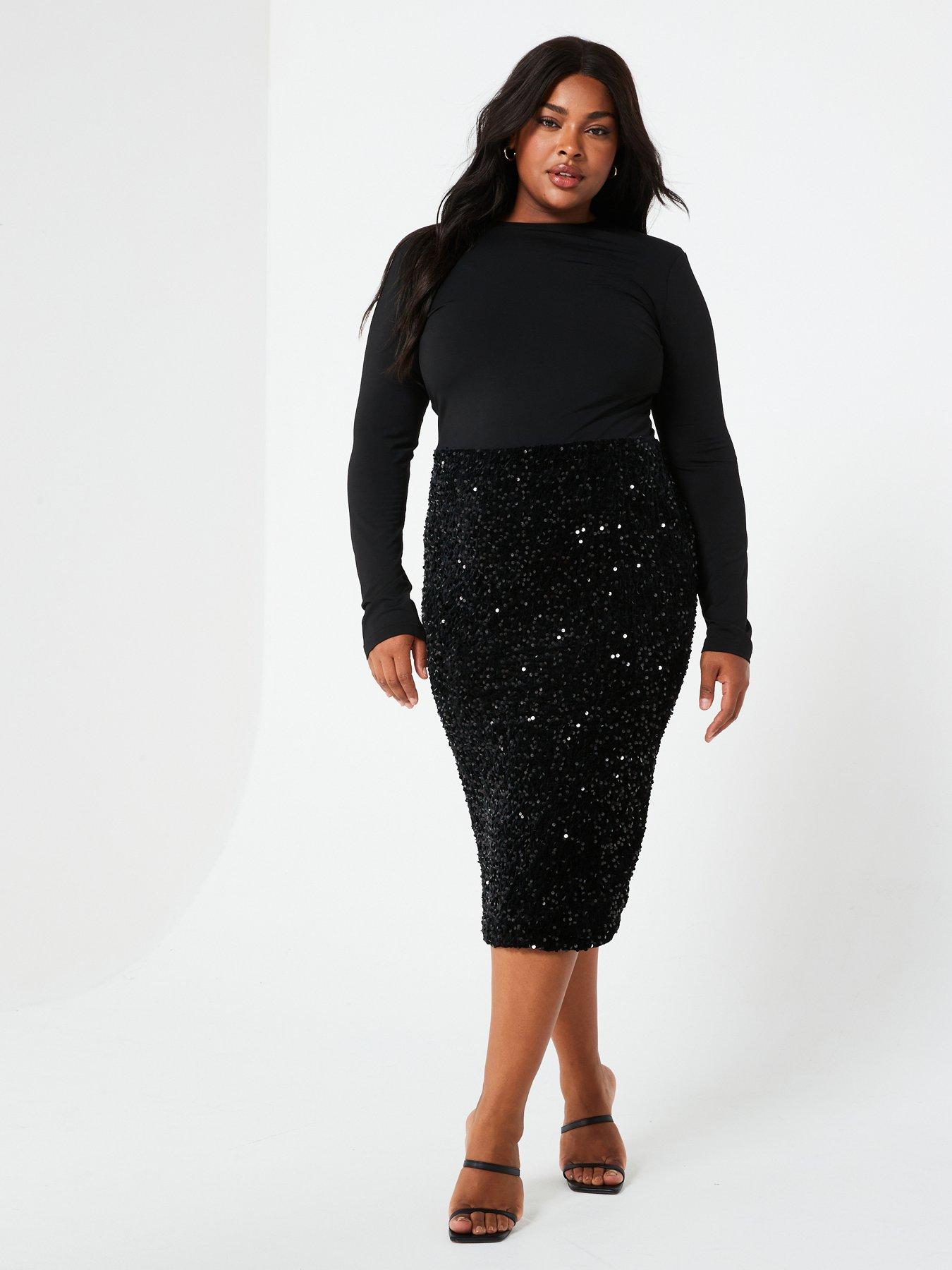 AX PARIS CURVE Velvet Sequin 2 In 1 Midi Dress - Black | littlewoods.com