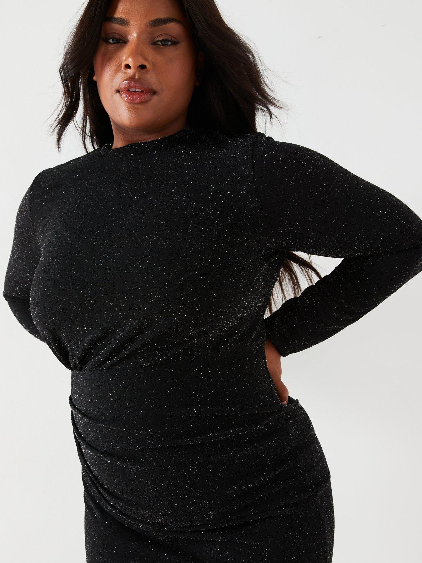 AX PARIS CURVE Sparkle Long Sleeve Ruched Bodycon Midi Dress - Black ...