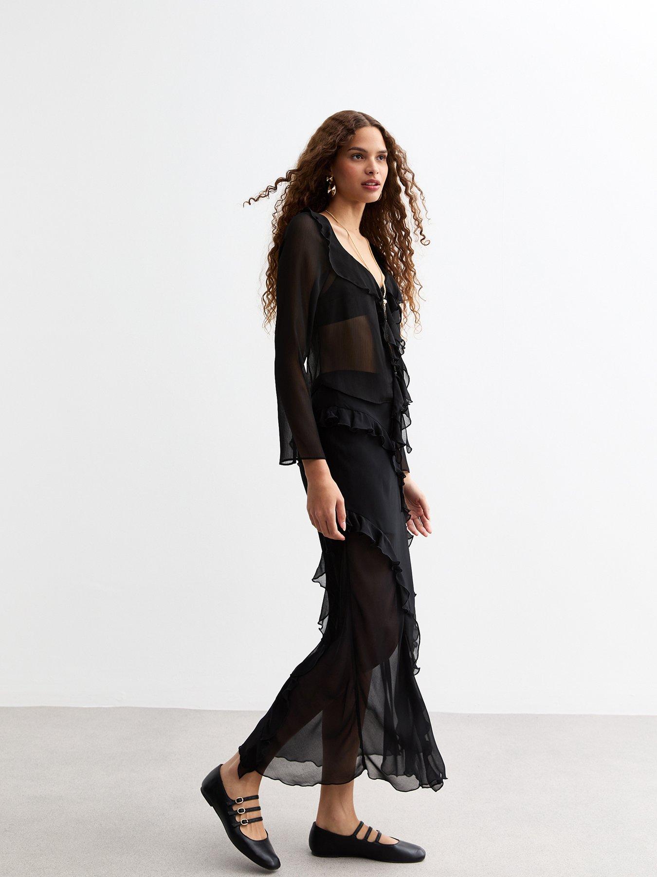 New Look Sheer Chiffon Ruffle Trim Maxi Skirt - Black | Littlewoods