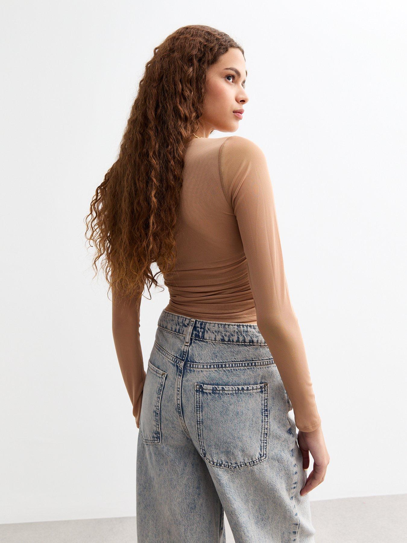New Look Ruched Mesh One Shoulder Long Sleeve Crop Top - Brown ...