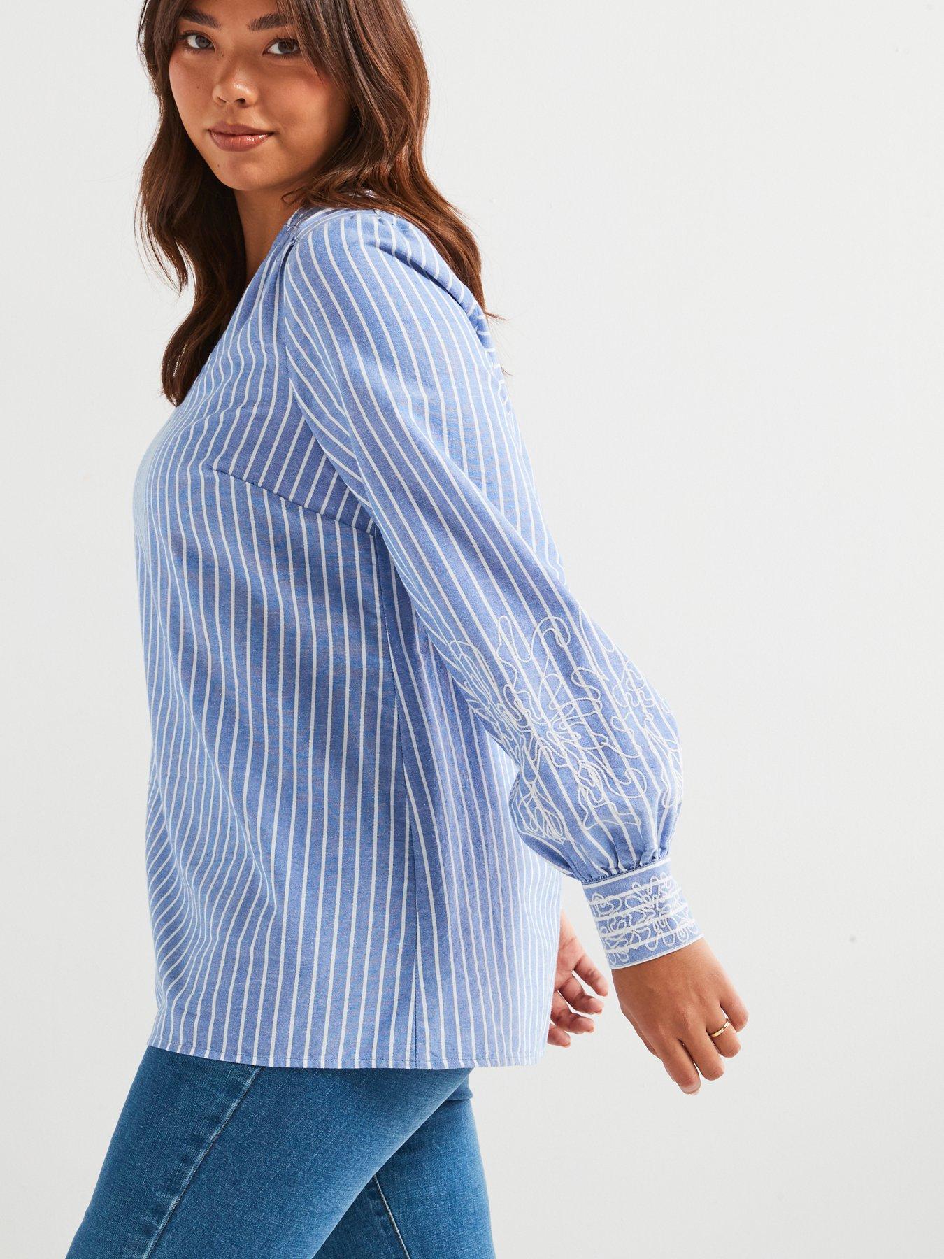 V by Very Curve Embroidered Stripe Blouse - Light Blue | Littlewoods