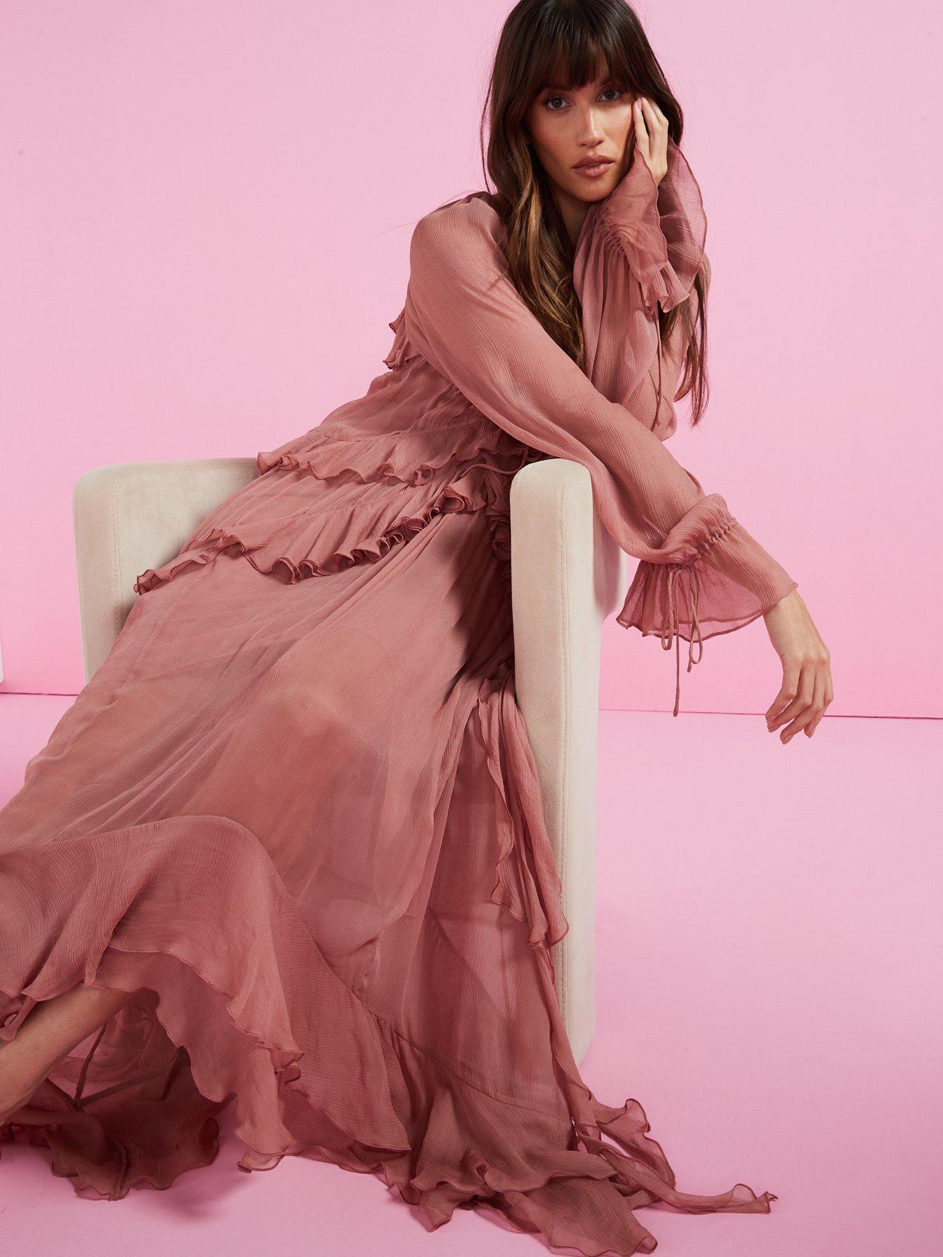 Mango Chiffon Ruffle Maxi Dress - Dusky Pink | Littlewoods