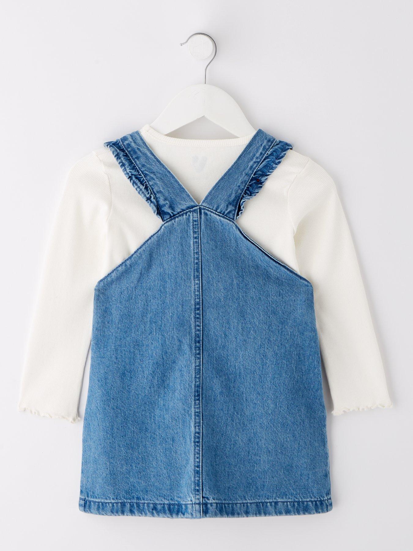 Mini V by Very Girls Frill Shoulder Denim Pinny & Long Sleeve T-Shirt ...